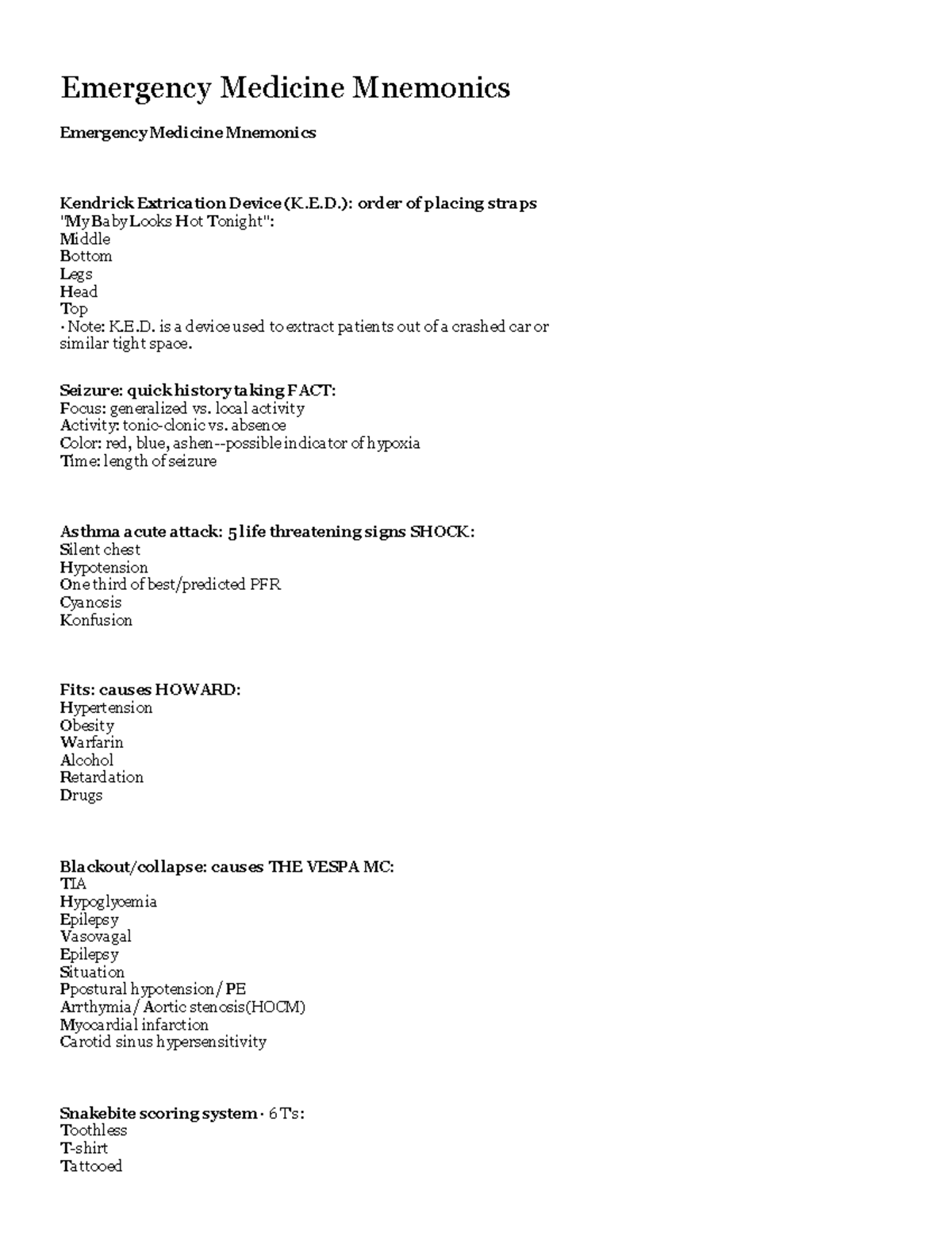 Emergency Medicine Mnemonics - Emergency Medicine Mnemonics Emergency ...