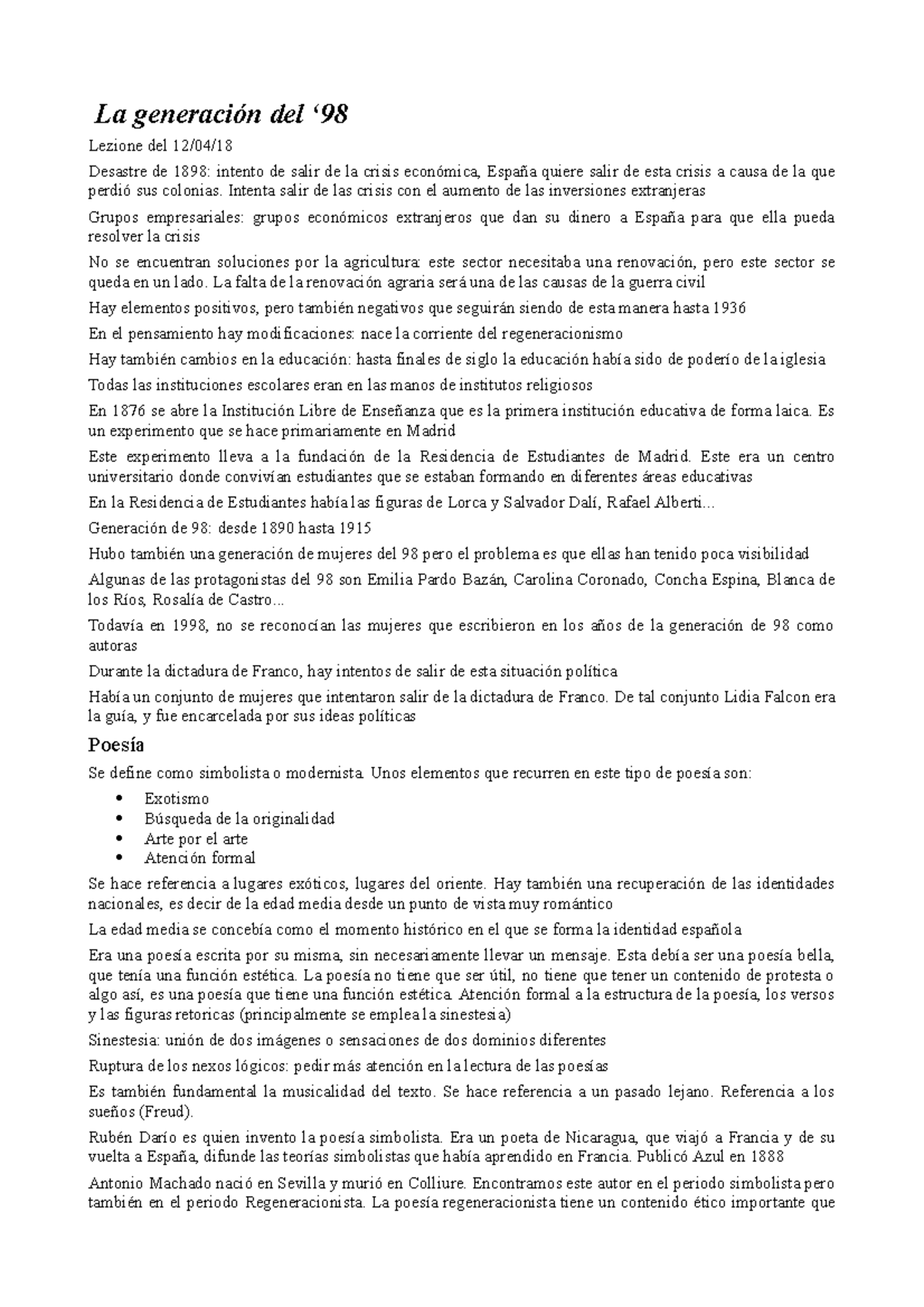 La generación del ‘98 - La generación del ‘98 Lezione del 12/04/18 ...