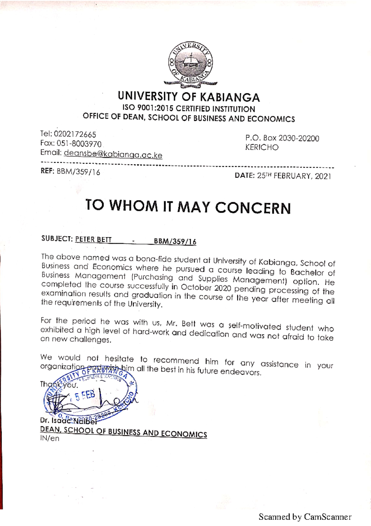 Completion letter UOK - class work - UNIVERSITY 8 PORTS 8 OF KABIANCA ...