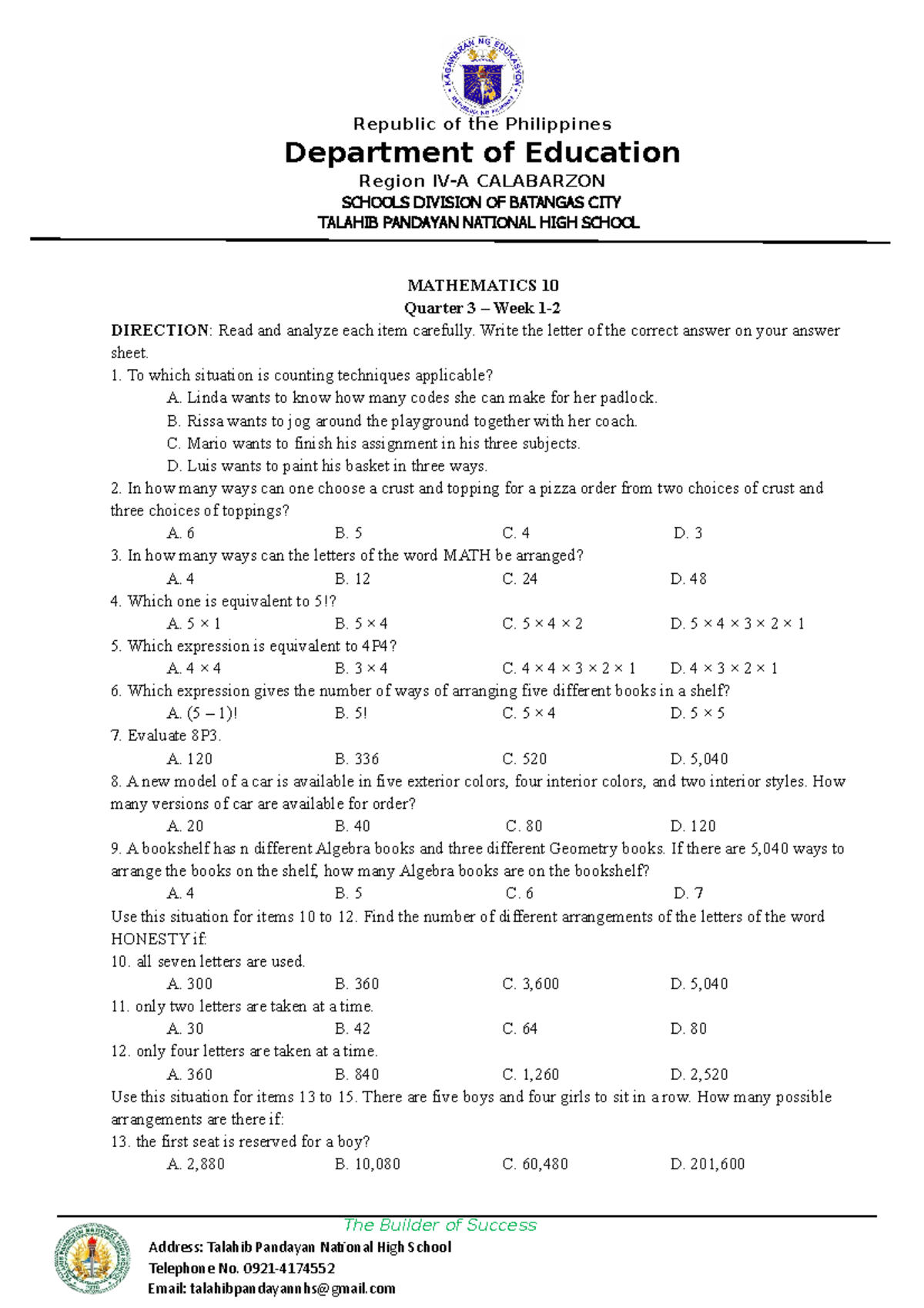 Math 10 Quarter 3 Summative Test 1 - Republic of the Philippines ...