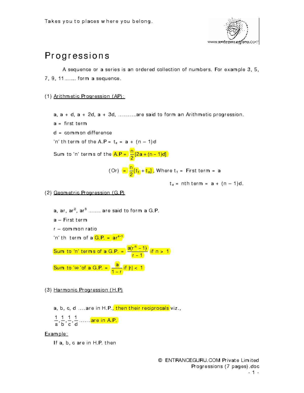 Progressions Q&A - mathematics aptitude notes - © ENTRANCEGURU Private ...