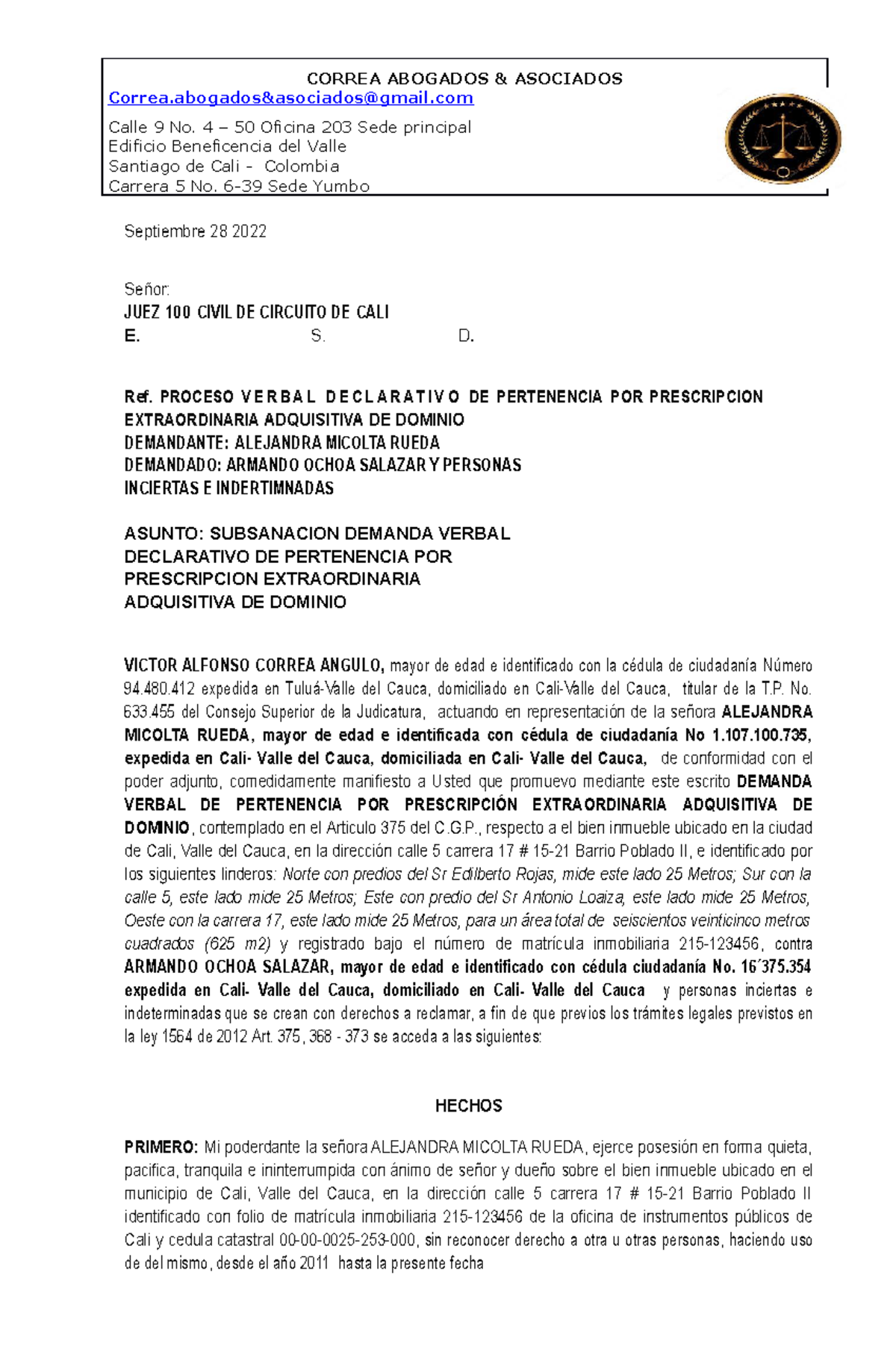 Subsanacion Demanda De Pertenencia Correaandasociados Gmail Calle 9 No