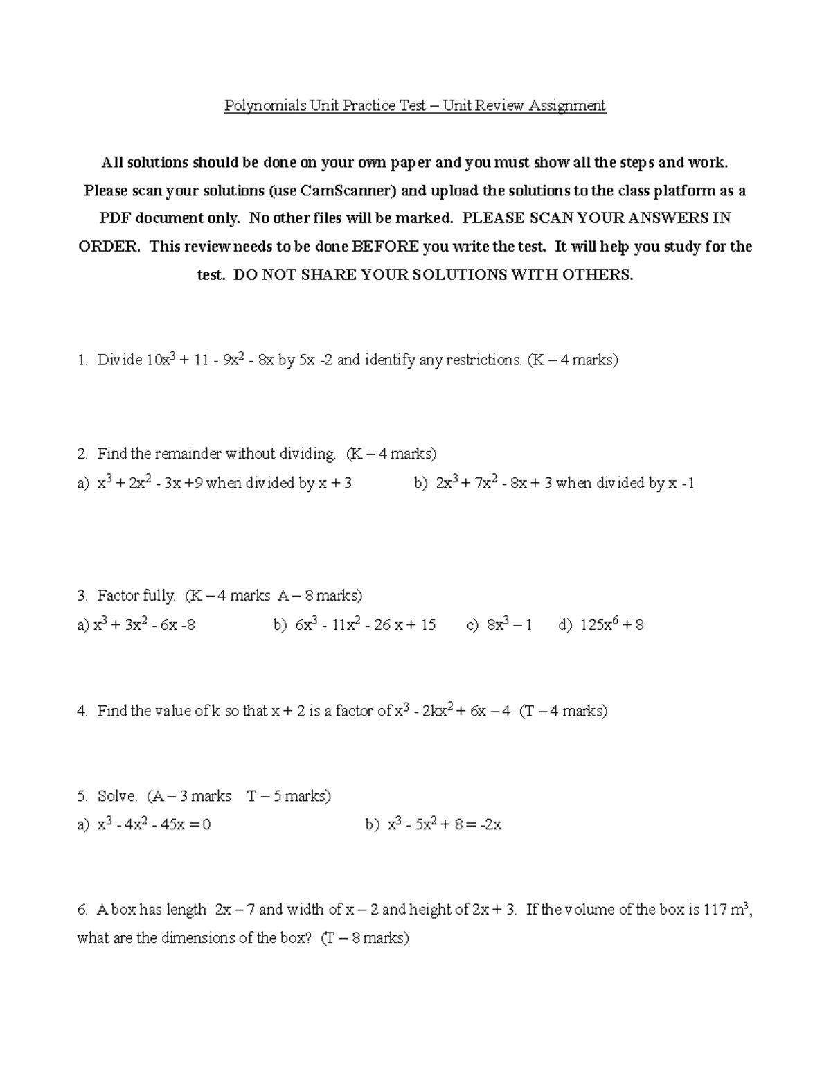 Unit 1 Review Assignment - Polynomials Unit Practice Test – Unit Review ...