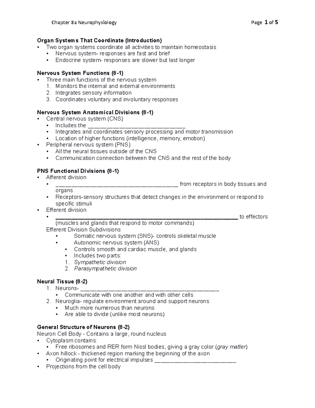 Chapter 8 Part 1 Nervous System Physiology - Chapter 8a Neurophysiology ...