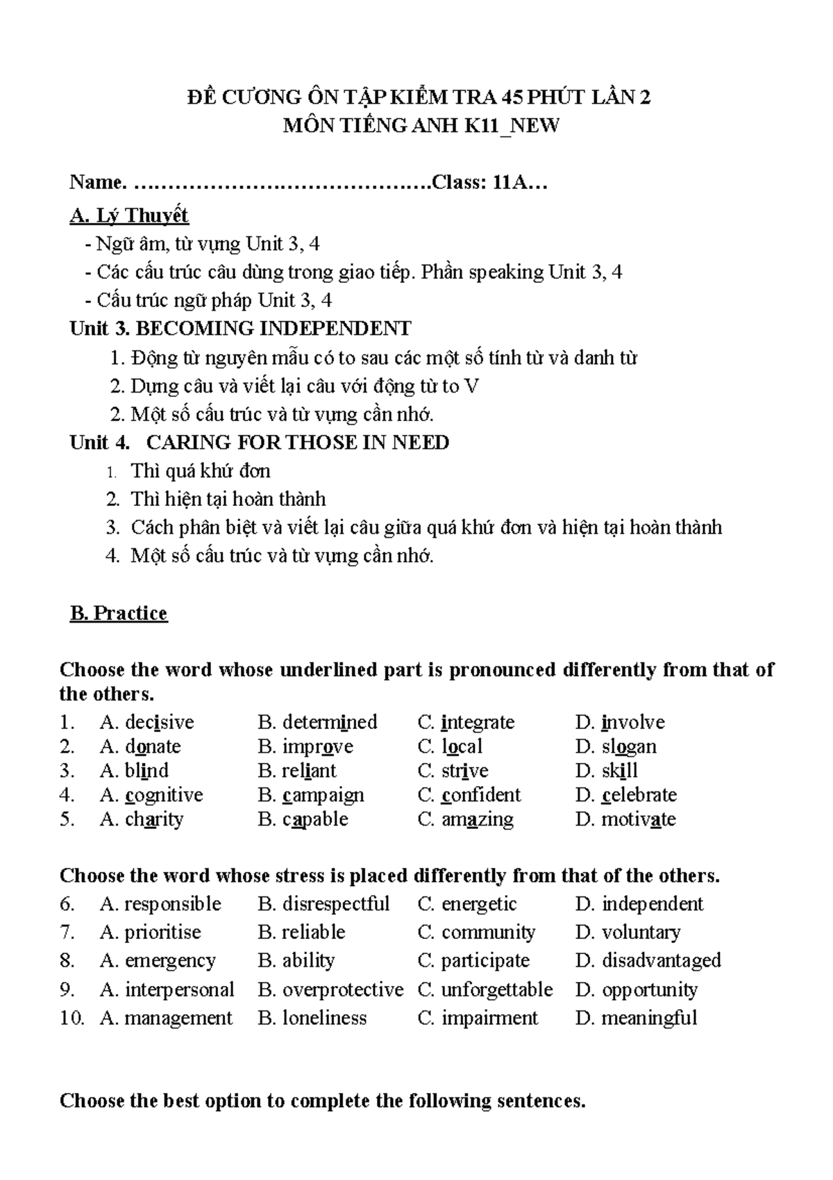 Bai tap thi diem 11 - Bai tap thi diem 11 tieng anh - ĐỀ CƯƠNG ÔN TẬP KIỂM TRA 45 PHÚT LẦN 2 MÔN ...