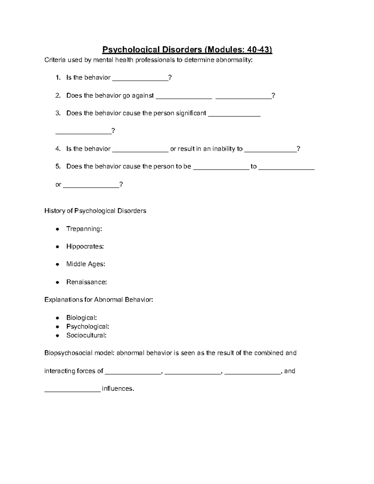 Psychological Disorders (Modules 40-43) psych 100 - Psychological ...