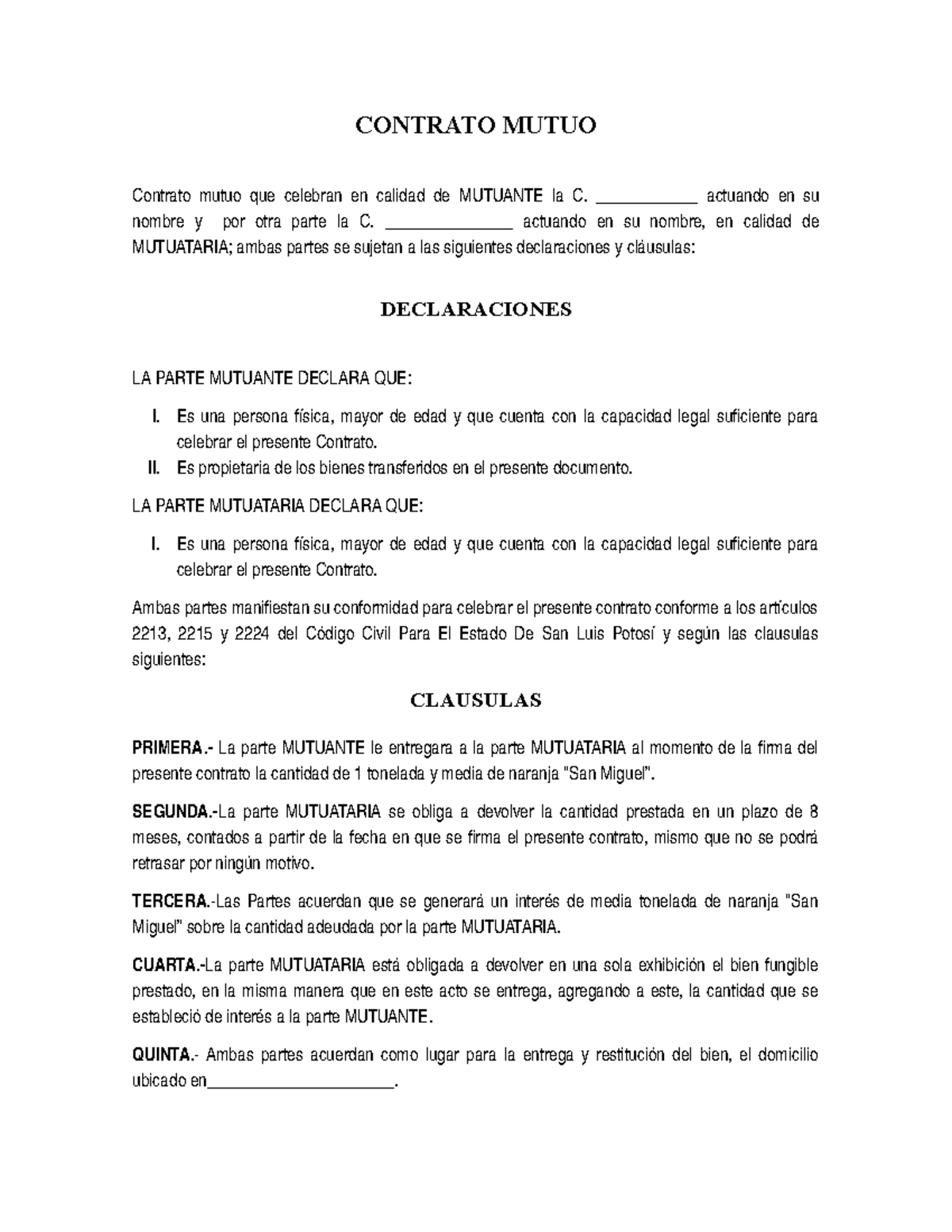 Contrato DE Mutuo - CONTRATO MUTUO Contrato mutuo que celebran en ...