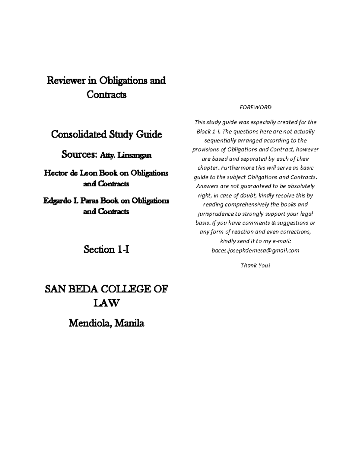 Oblicon answers - Reviewer in Obligations and Contracts Consolidated ...