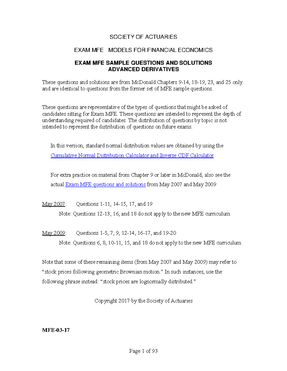 Solution manual math424 - SOCIETY OF ACTUARIES EXAM MFE MODELS FOR ...