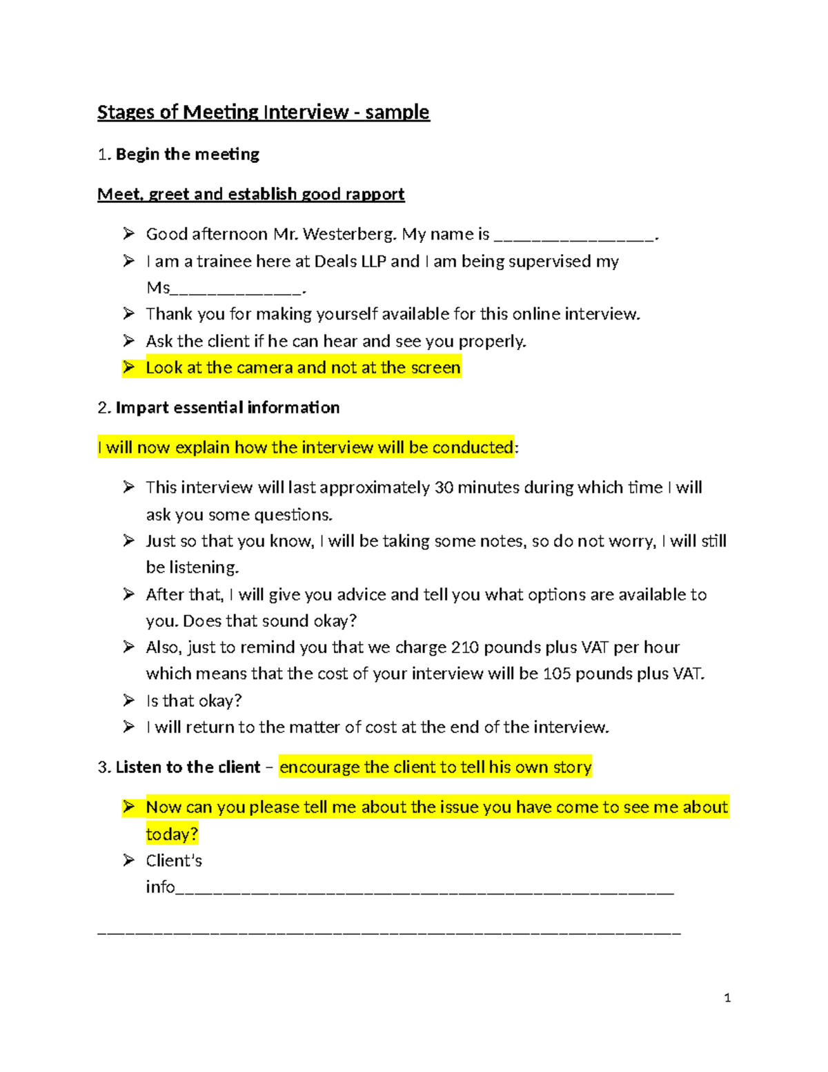 Interviewing and Advising -Practice Sample - Stages of Meeting ...