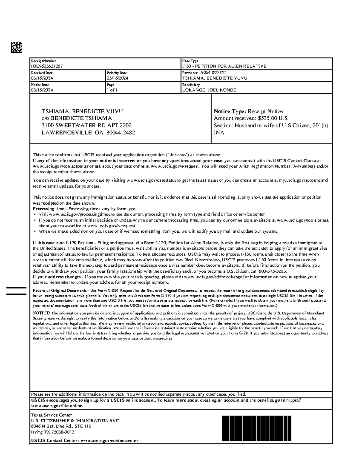 Receipt Notice - nvkdslvnnvbn - Receipt Number IOE Case Type I130 ...