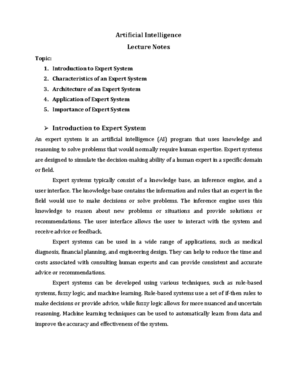 Artificial Intelligence (Introduction to Expert System) - Artificial ...