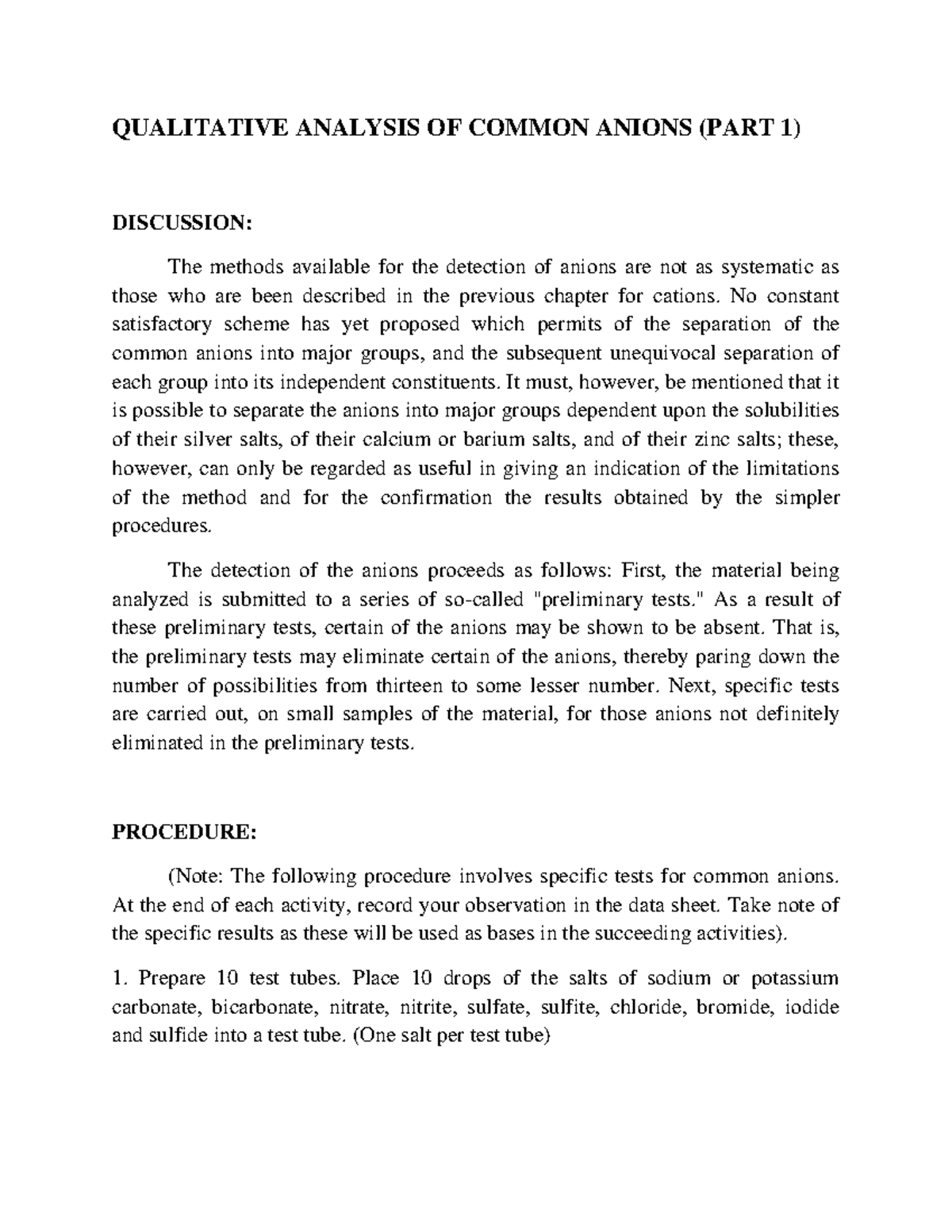 Qualitative Analysis of Common Anions PART 1 - QUALITATIVE ANALYSIS OF COMMON ANIONS (PART 1 ...