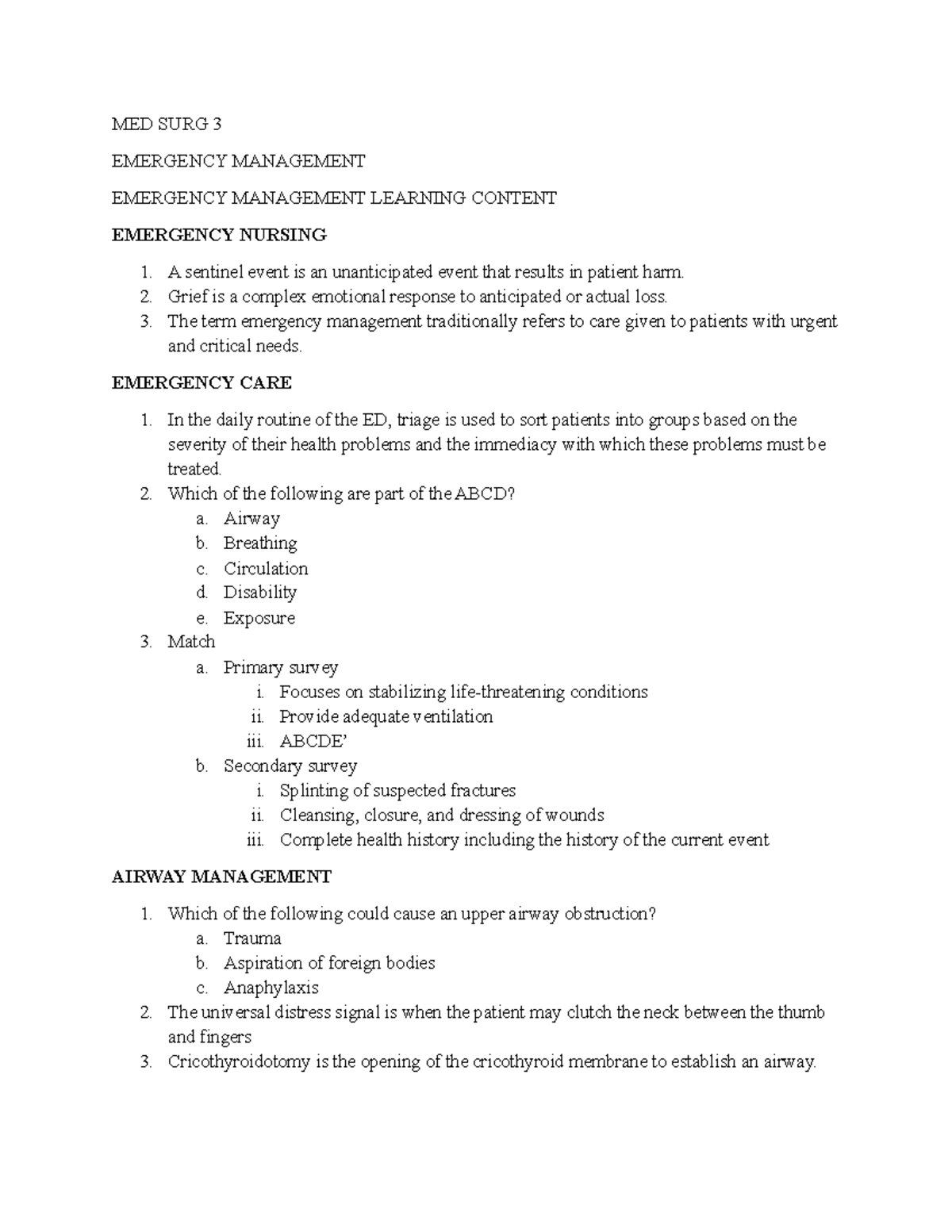 Med Surg 3 week 1 learning content - MED SURG 3 EMERGENCY MANAGEMENT ...