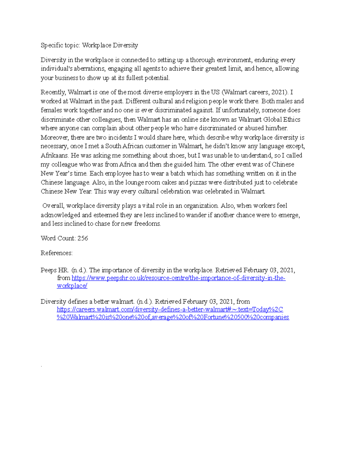 Reflection 3 - Workplace diversity - Specific topic: Workplace ...