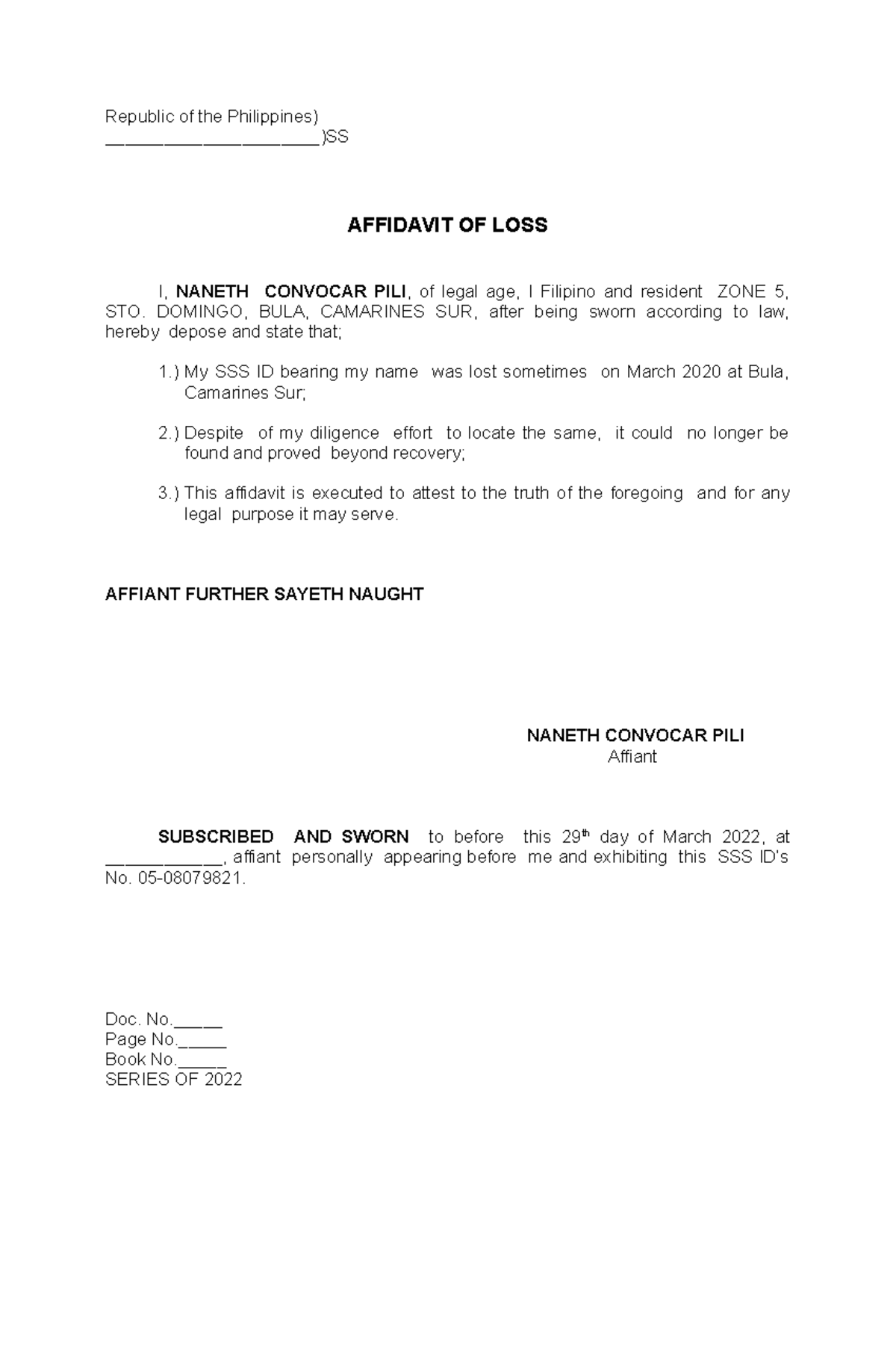 Affidavit OF LOSS - GHGH - Republic of the Philippines ...