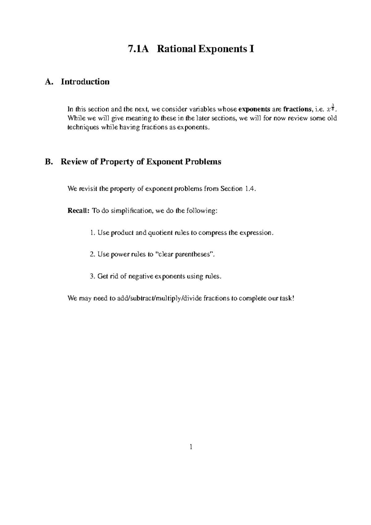 7.1A Rational Exponents I - 7 Rational Exponents I A. Introduction In ...