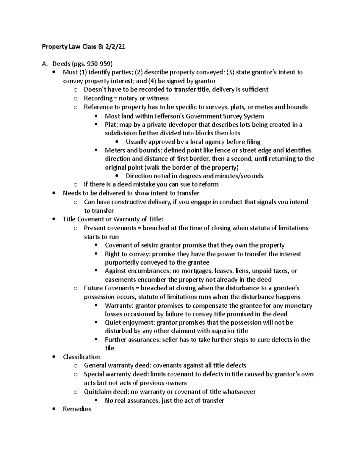 Property Law Class 8 - Lecture notes 8 - Property Law Class 8: 2/2/ A ...