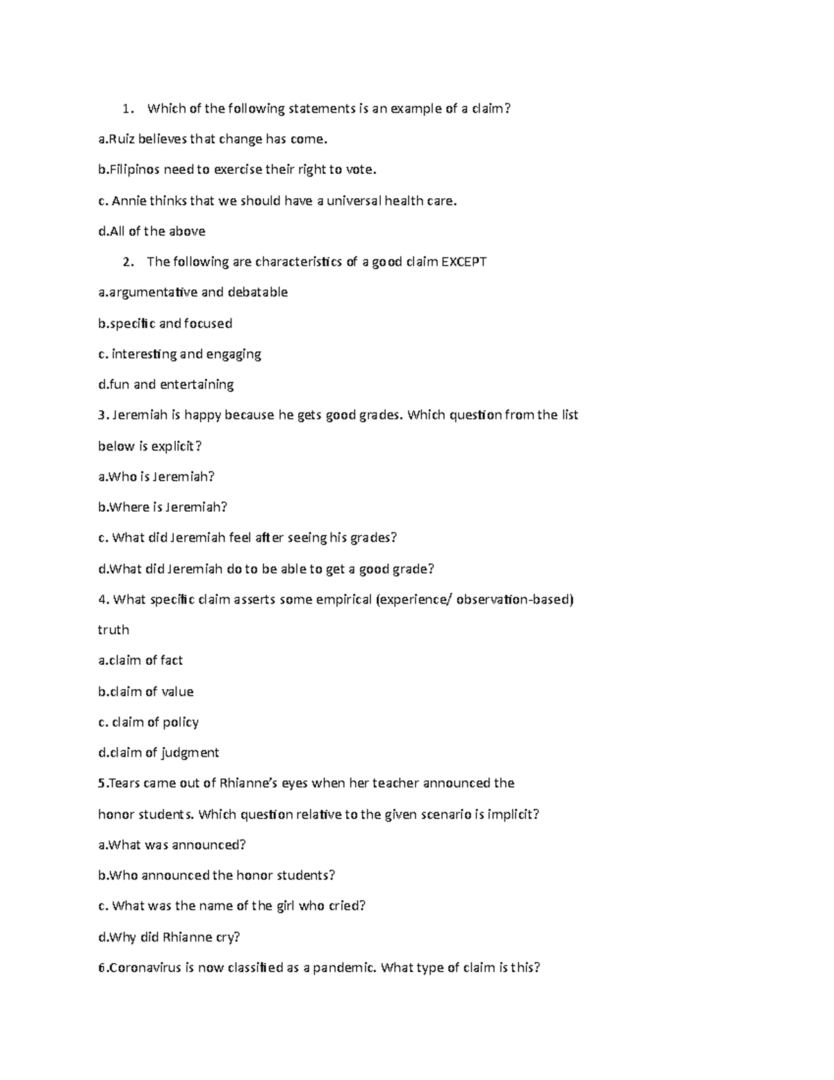 Explicit and implicit claims - Which of the following statements is an ...