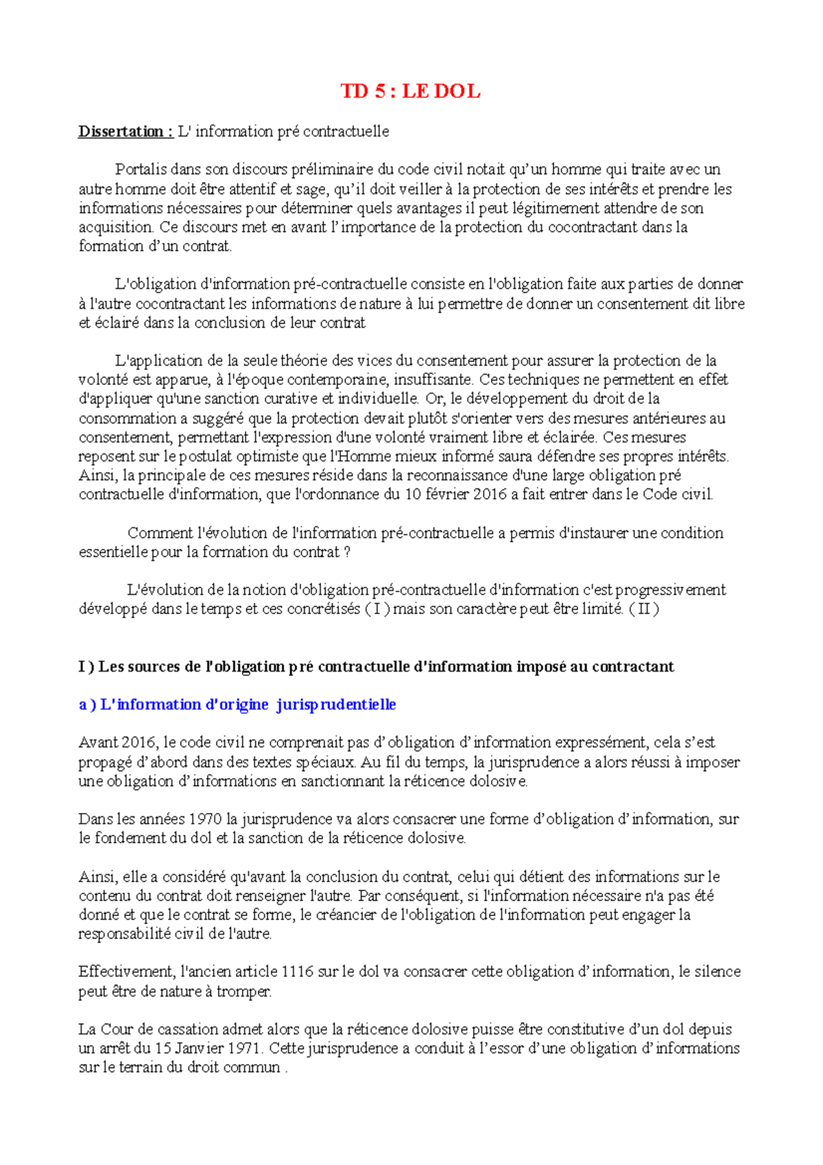 TD droit civil Le dol - TD 5 : LE DOL Dissertation : L' information pré ...