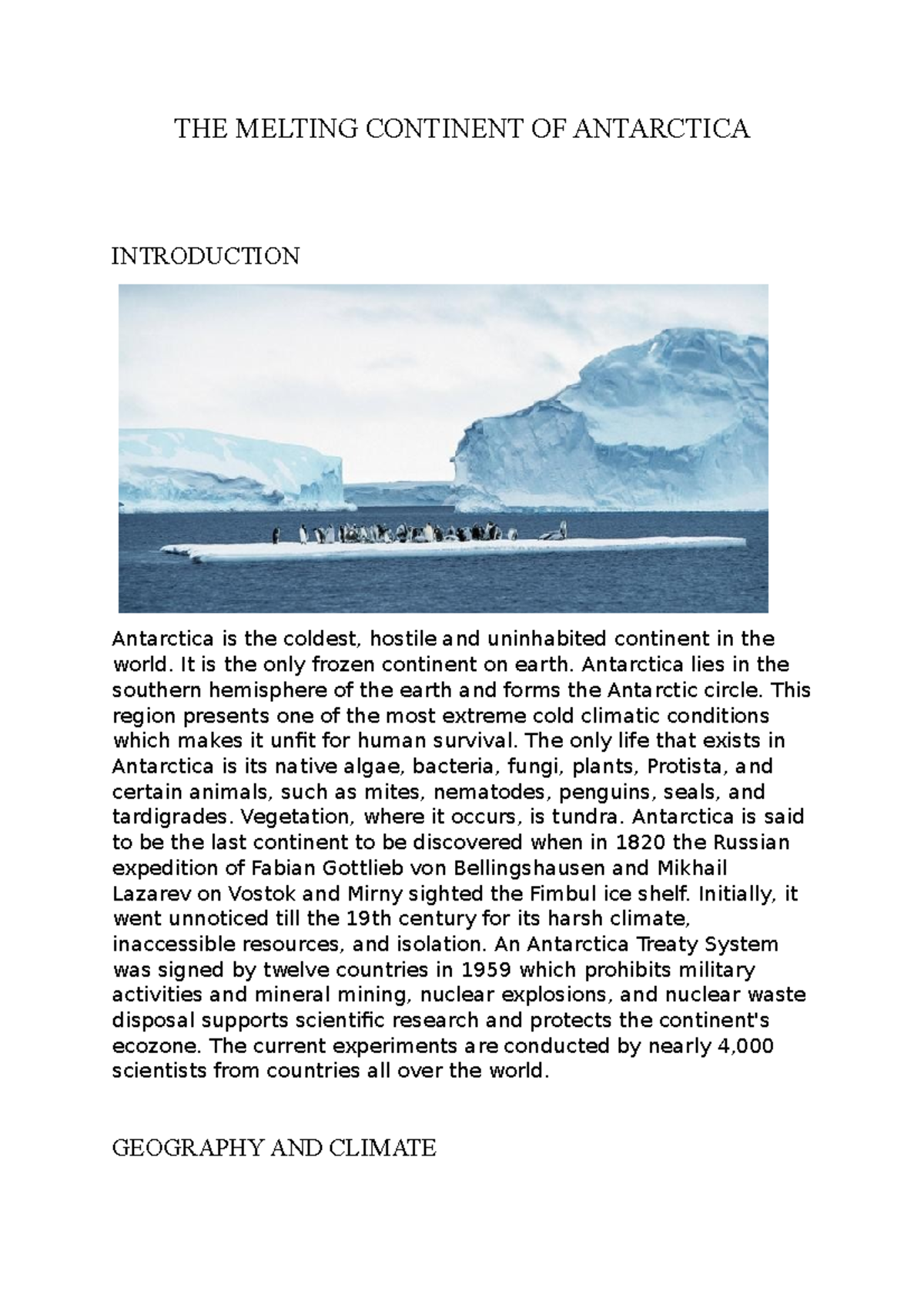 Antarctica - notes - THE MELTING CONTINENT OF ANTARCTICA INTRODUCTION ...