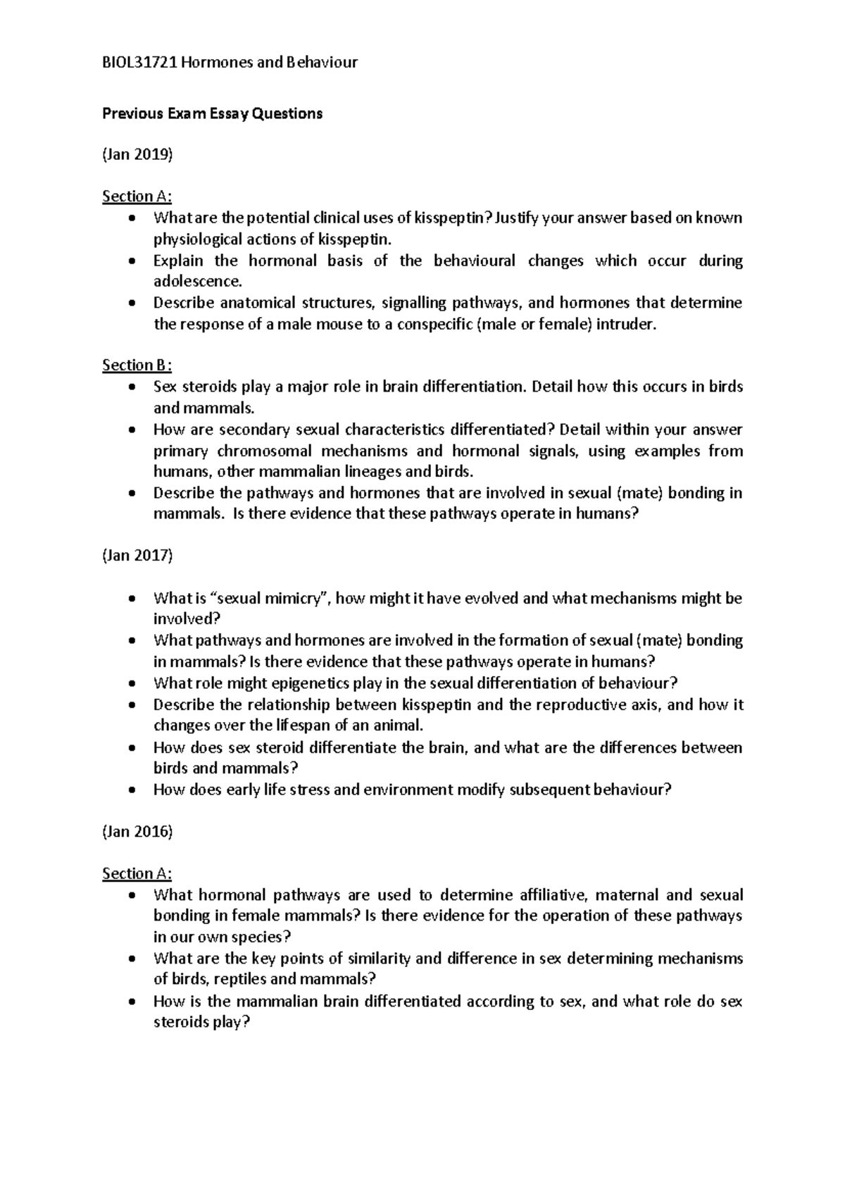 Previous Exam Essay Questions 2019 2013 BIOL31721 Hormones And