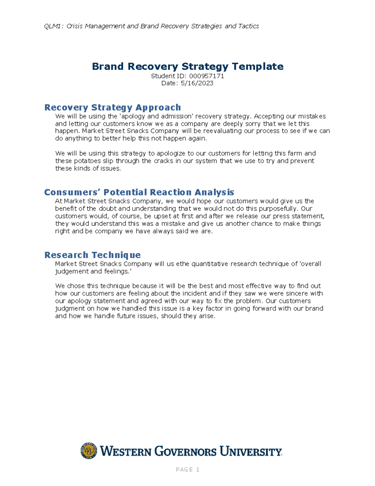 Brand Recovery Strategy D177 - QLM1: Crisis Management and Brand ...