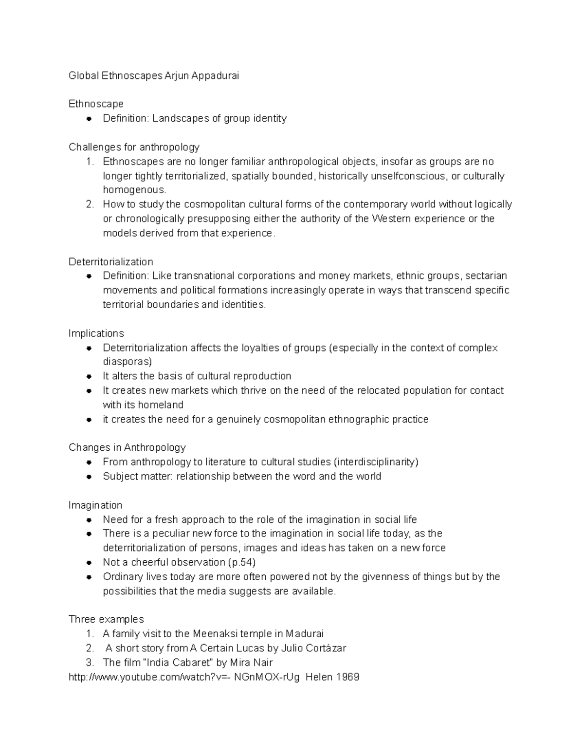 Lecture Notes October 1 - Global Ethnoscapes Arjun Appadurai Ethnoscape ...
