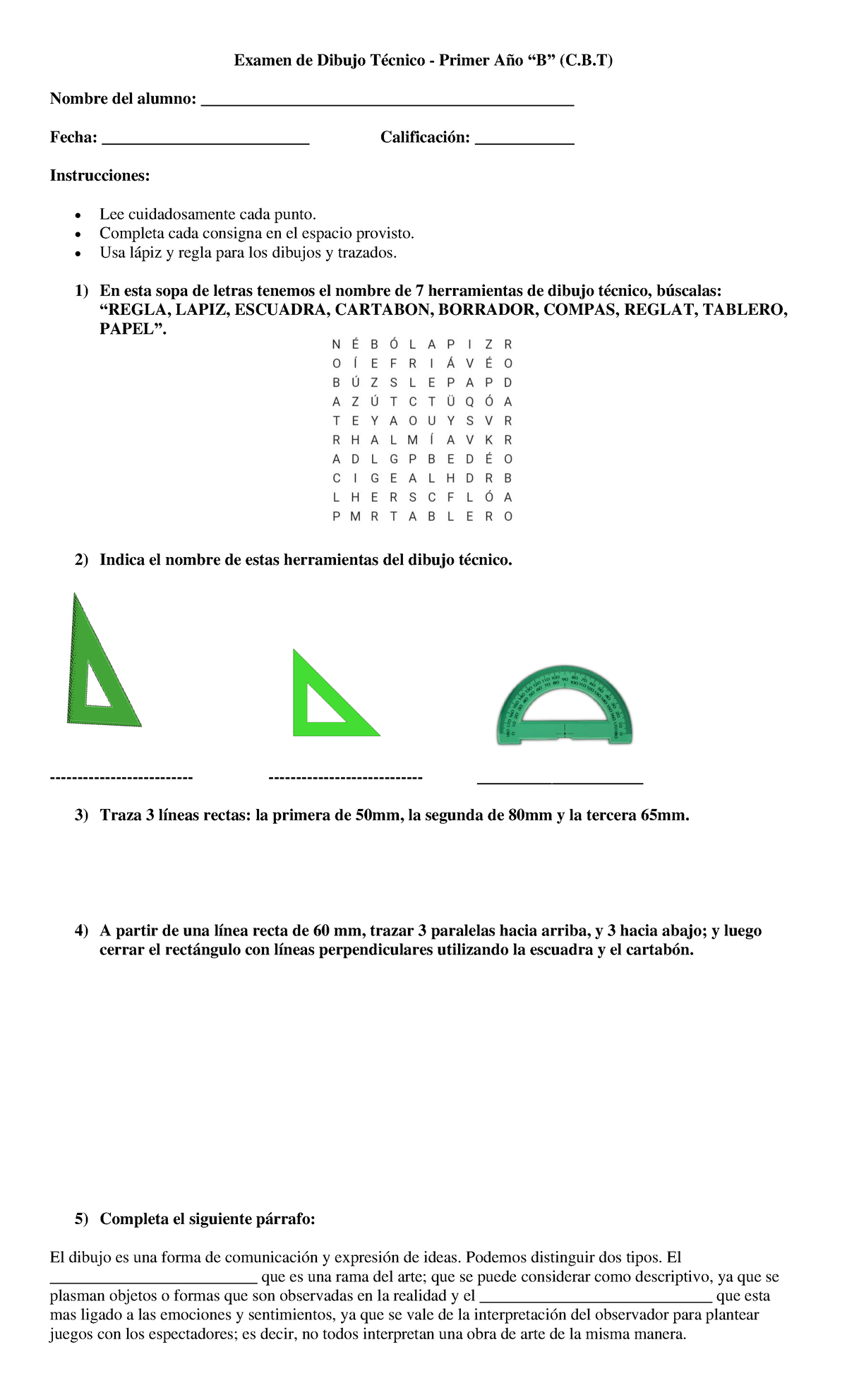 Examen terminado en pdf - Examen de Dibujo Técnico - Primer Año “B” (C ...
