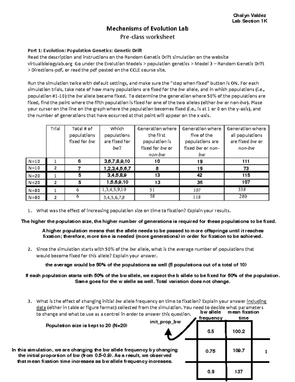 Mechanisms datasheet Pre-lab worksheet - 1 Mechanisms of Evolution Lab ...