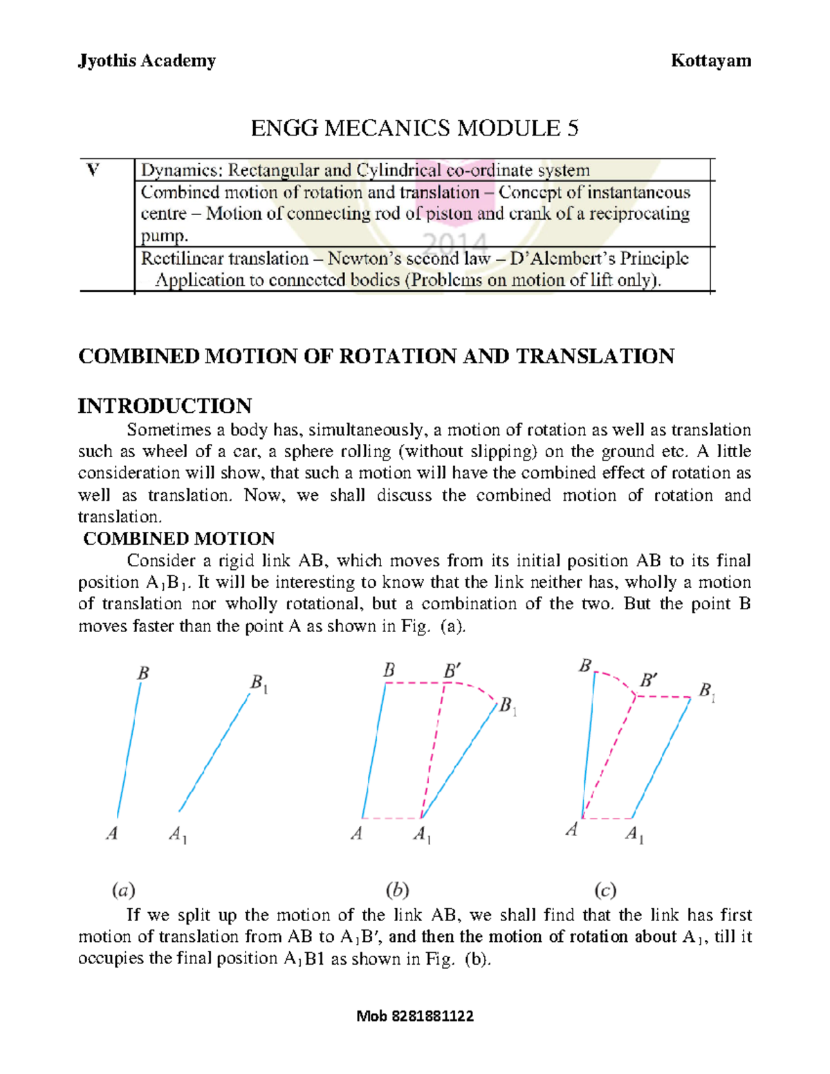EM-5th Module - ENGG MECANICS MODULE 5 COMBINED MOTION OF ROTATION AND ...