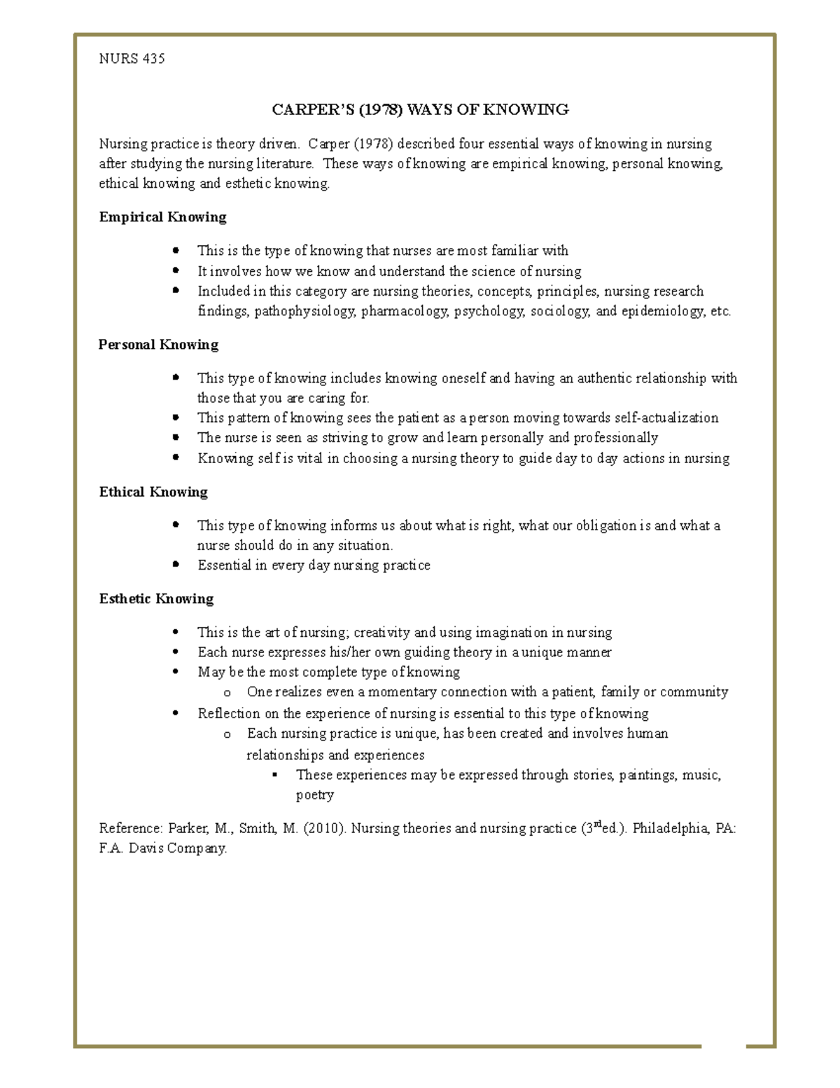 Carpers Waysof Knowing - NURS 435 CARPER’S (1978) WAYS OF KNOWING ...