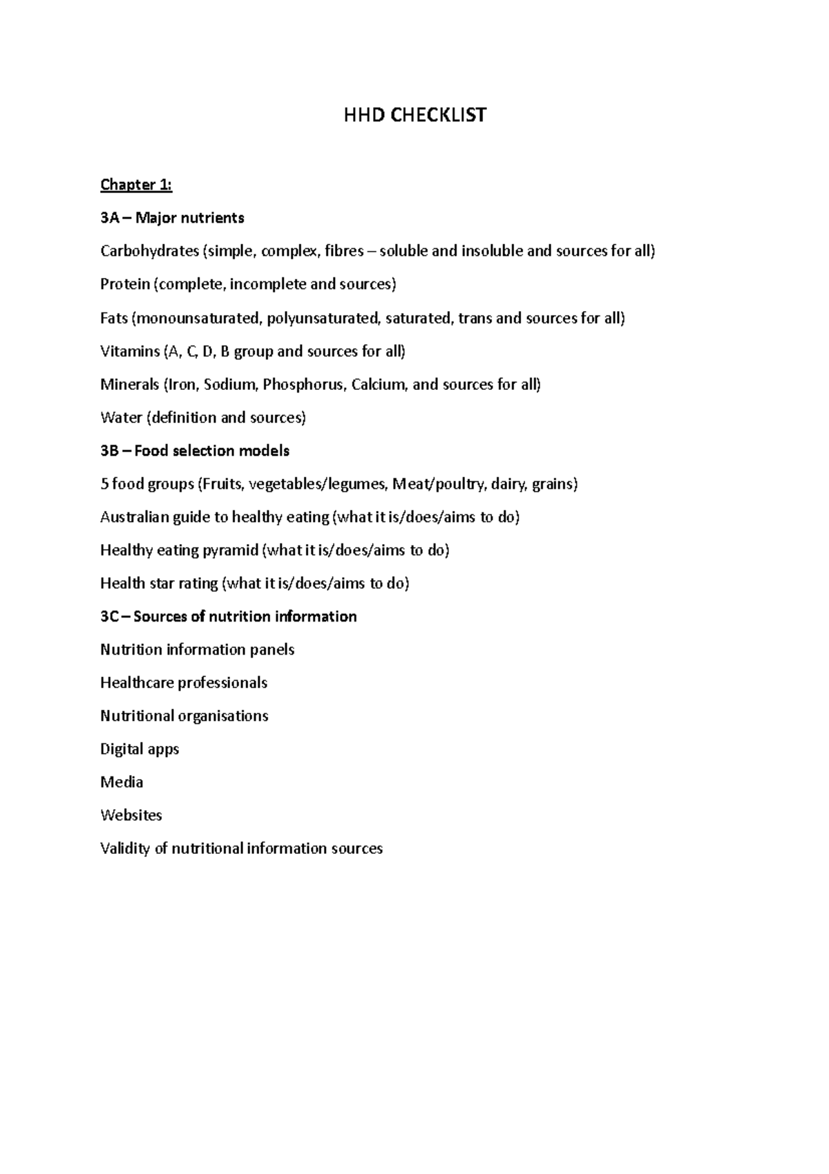 HHD checklist - HHD CHECKLIST Chapter 1: 3A – Major nutrients ...