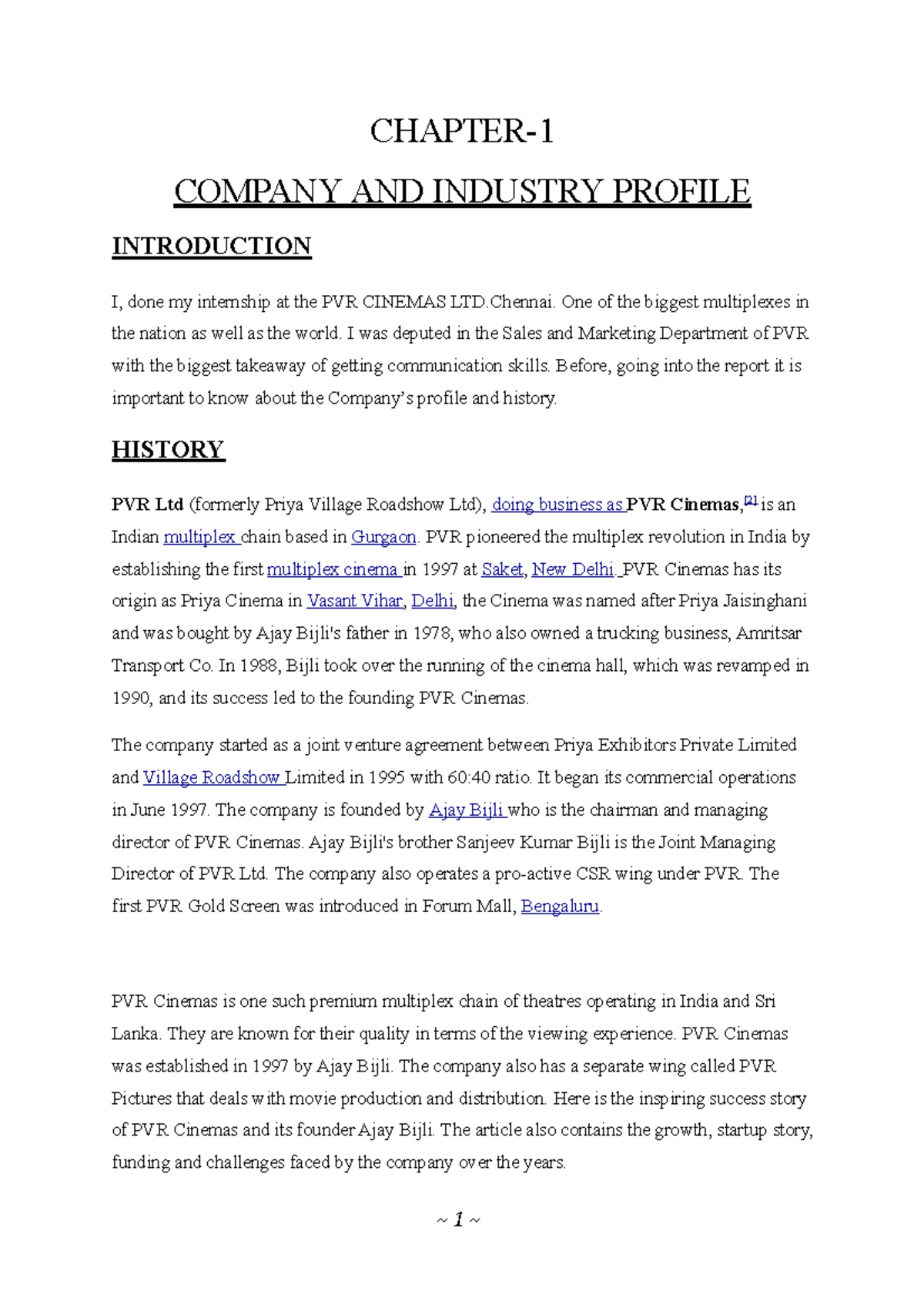 Internship Report - ~ 1 ~ CHAPTER- COMPANY AND INDUSTRY PROFILE ...