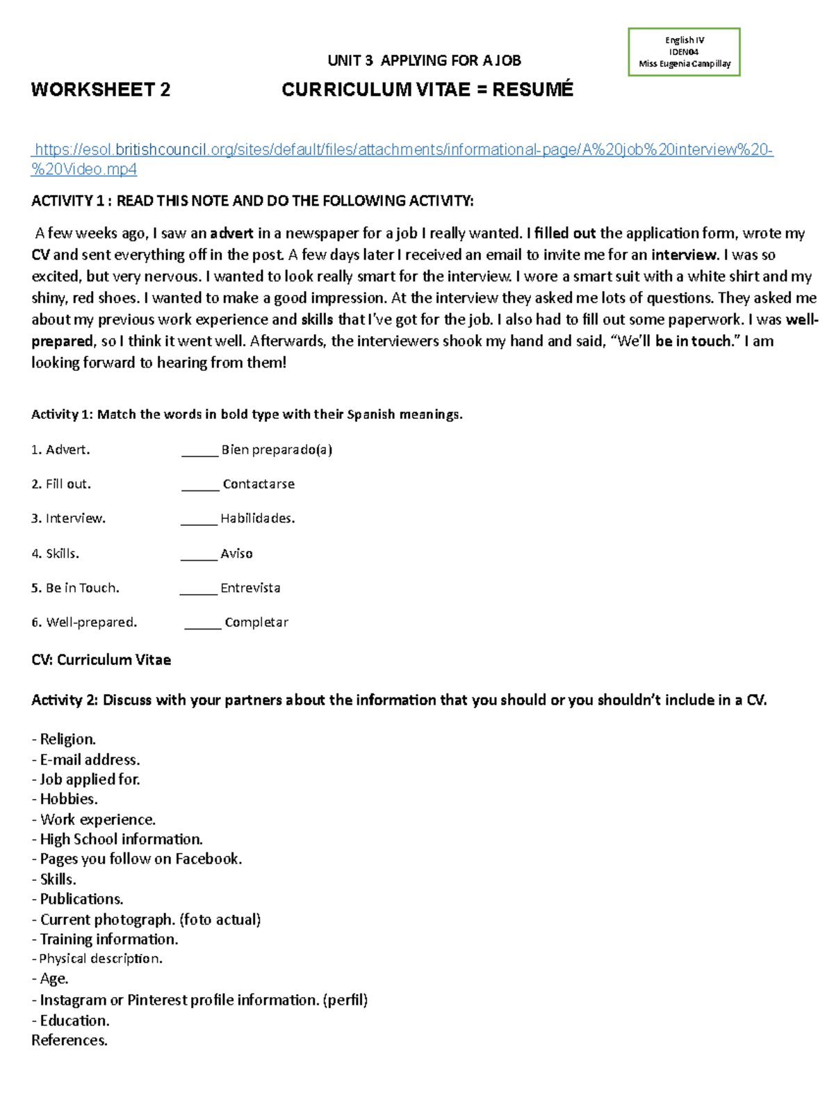 UNIT 4 Worksheet 2 Curriculum Vitae - UNIT 3 APPLYING FOR A JOB ...