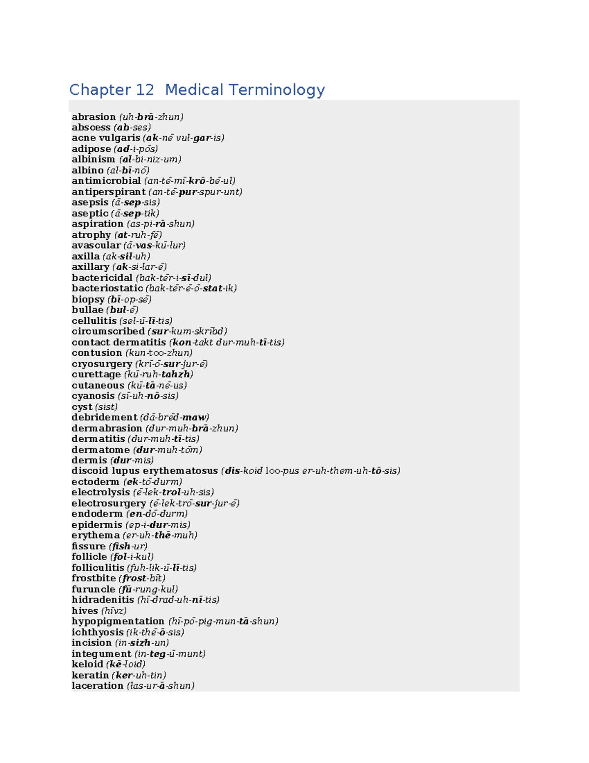 Ch. 12 Medical Terminology Glossary - Chapter 12 Medical Terminology ...