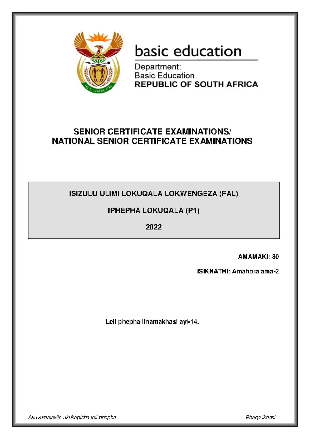 Past-exam-papers isizulu-fal-dbe-nsc-grade-12-past-exam-papers-2022-p1 ...