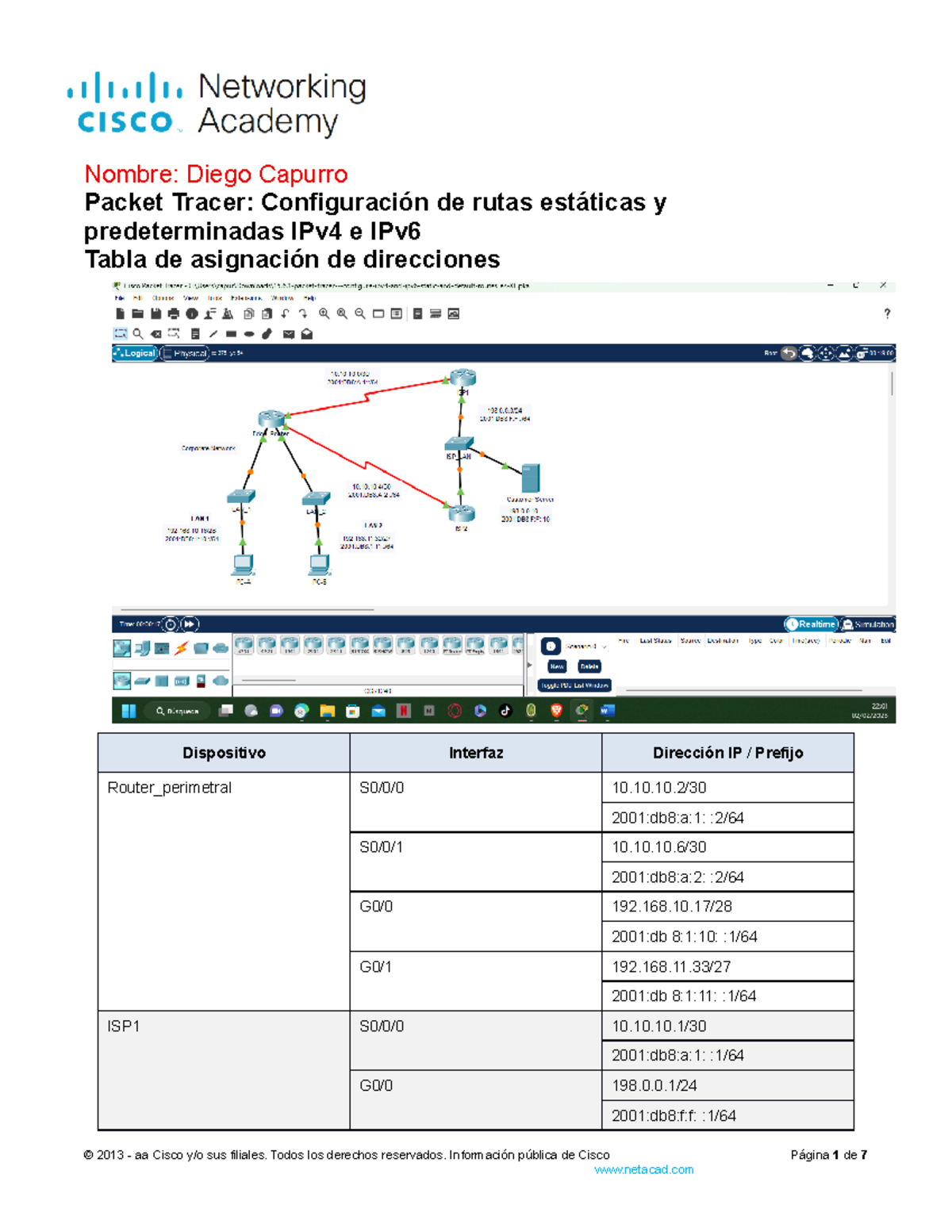 15 6 1 Packet Tracer Configure Ipv4 And Ipv6 Static And Default Routes Nombre Diego Capurro