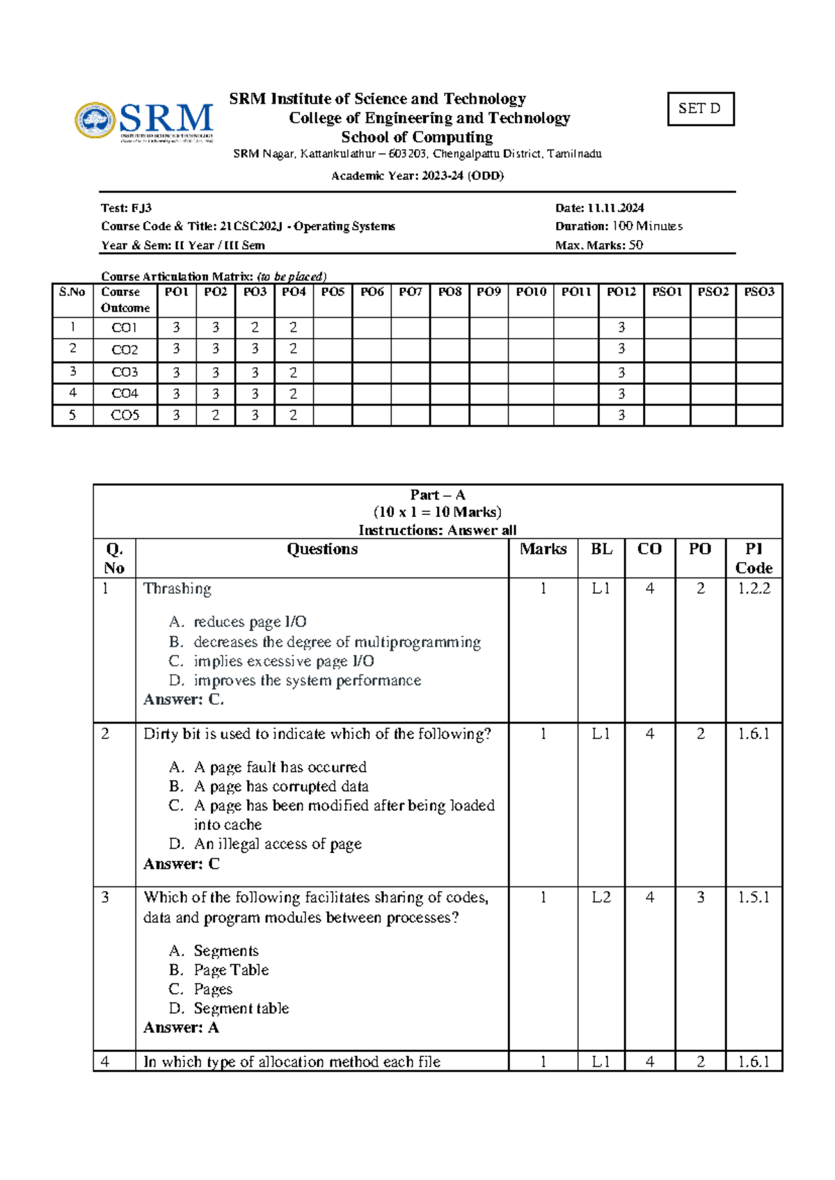 Set D Ct3 Answer Key Srm Institute Of Science And Technology College Of Engineering And
