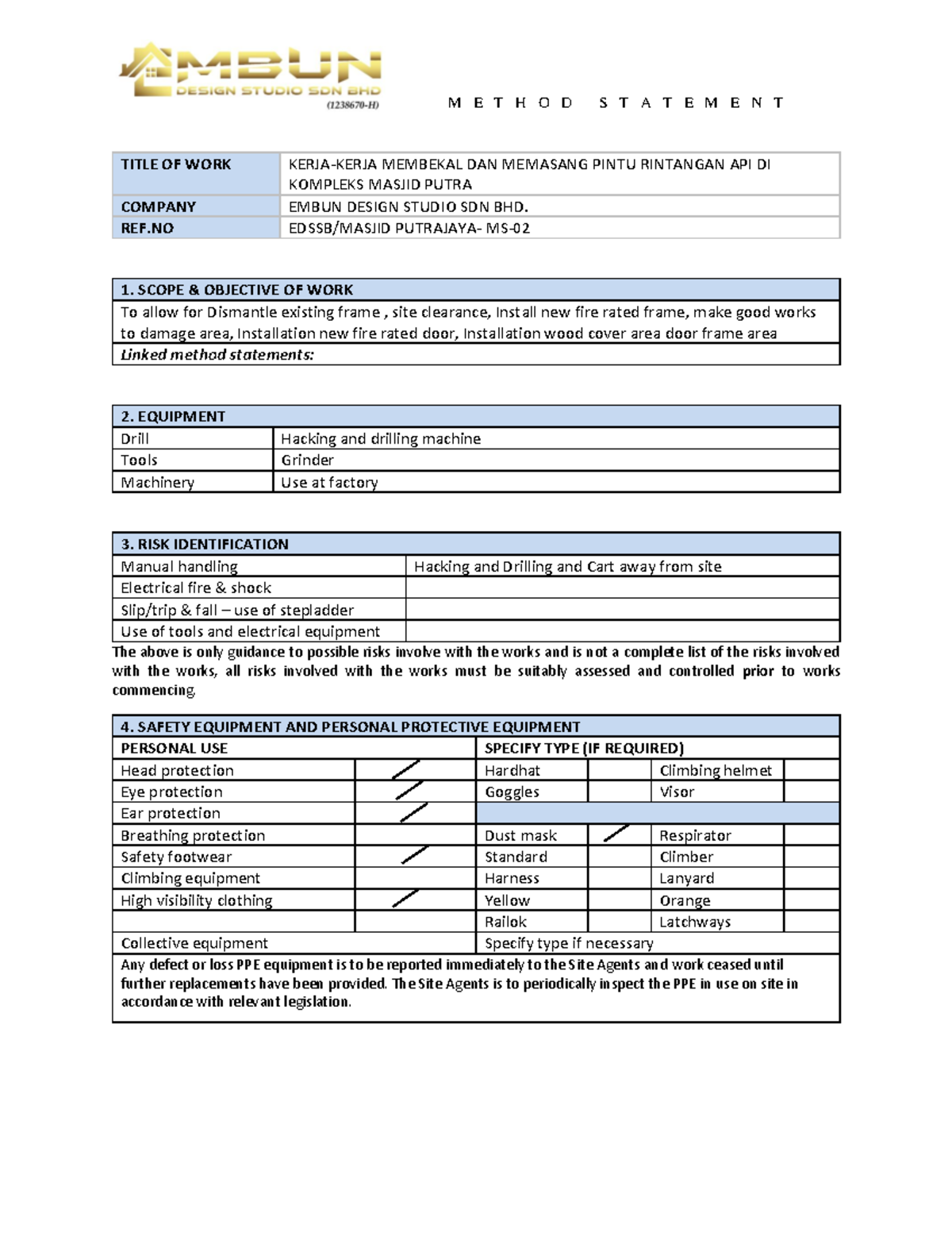 Method Statement Menukar Frame Pintu dan Pintu Fire Door - M E T H O D S T A T E M E N T TITLE ...
