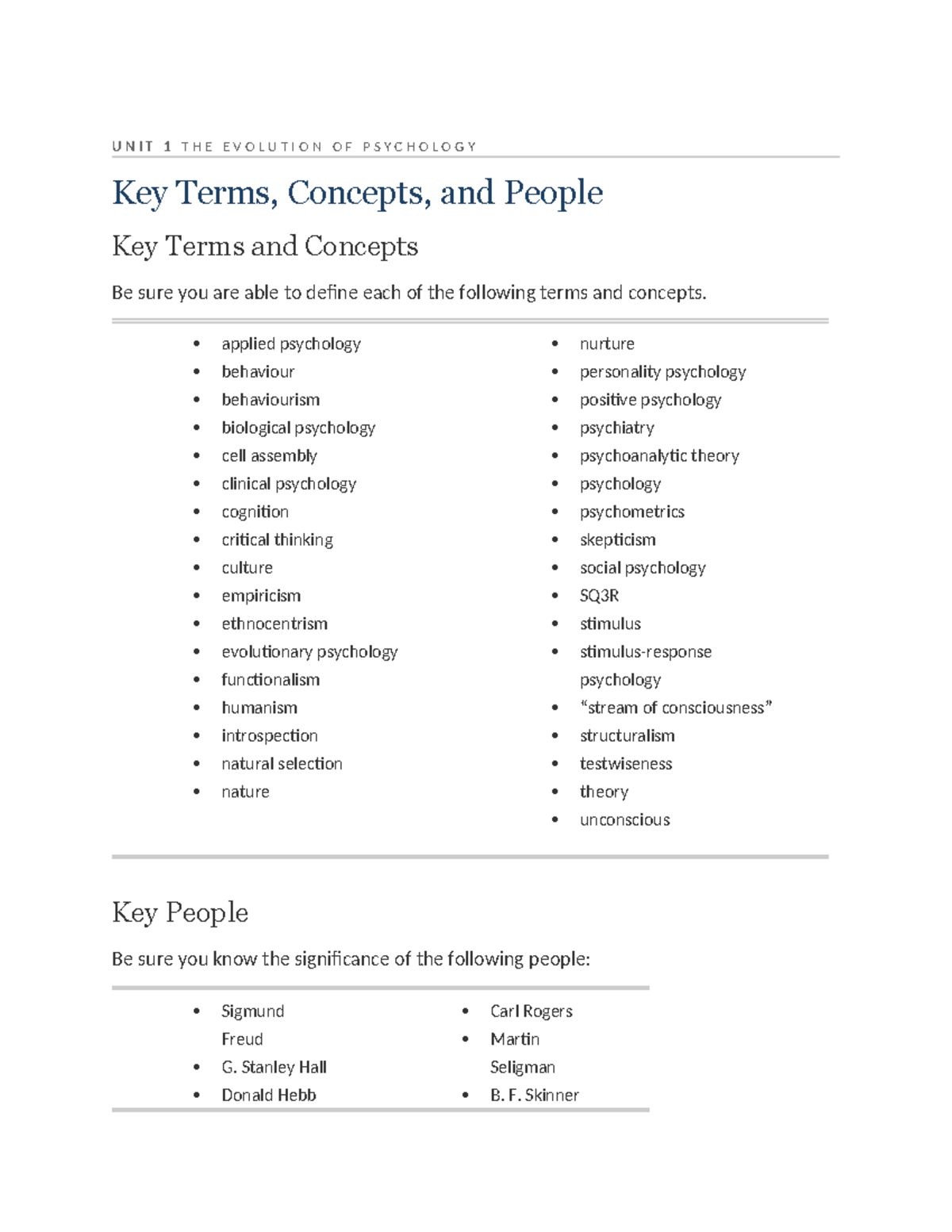 Key Terms, Concepts & People - U N I T 1 T H E E V O L U T I O N O F P ...