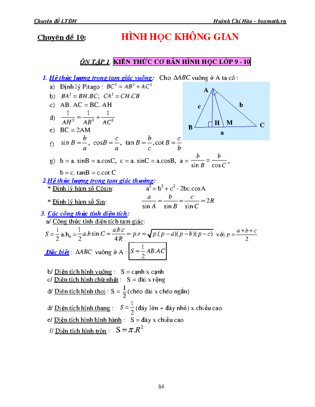 10 hinh hoc khong gian - 13123 - c b a H M C B A Chuyeân ñeà 10: HÌNH HỌC KHÔNG GIAN ÔN TẬP 1 ...