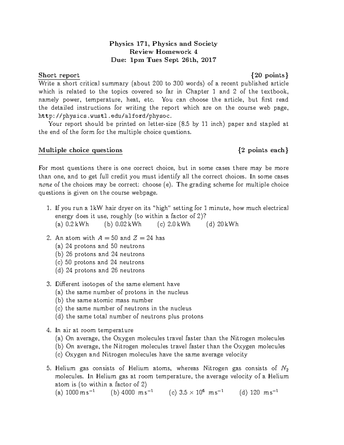 2017-2018 Homework 4 - Physics 171, Physics and Society Review Homework ...