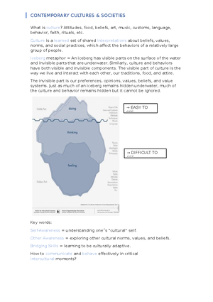 Contemporary cultures summary - I. Culture Unit 1. Introduction to ...