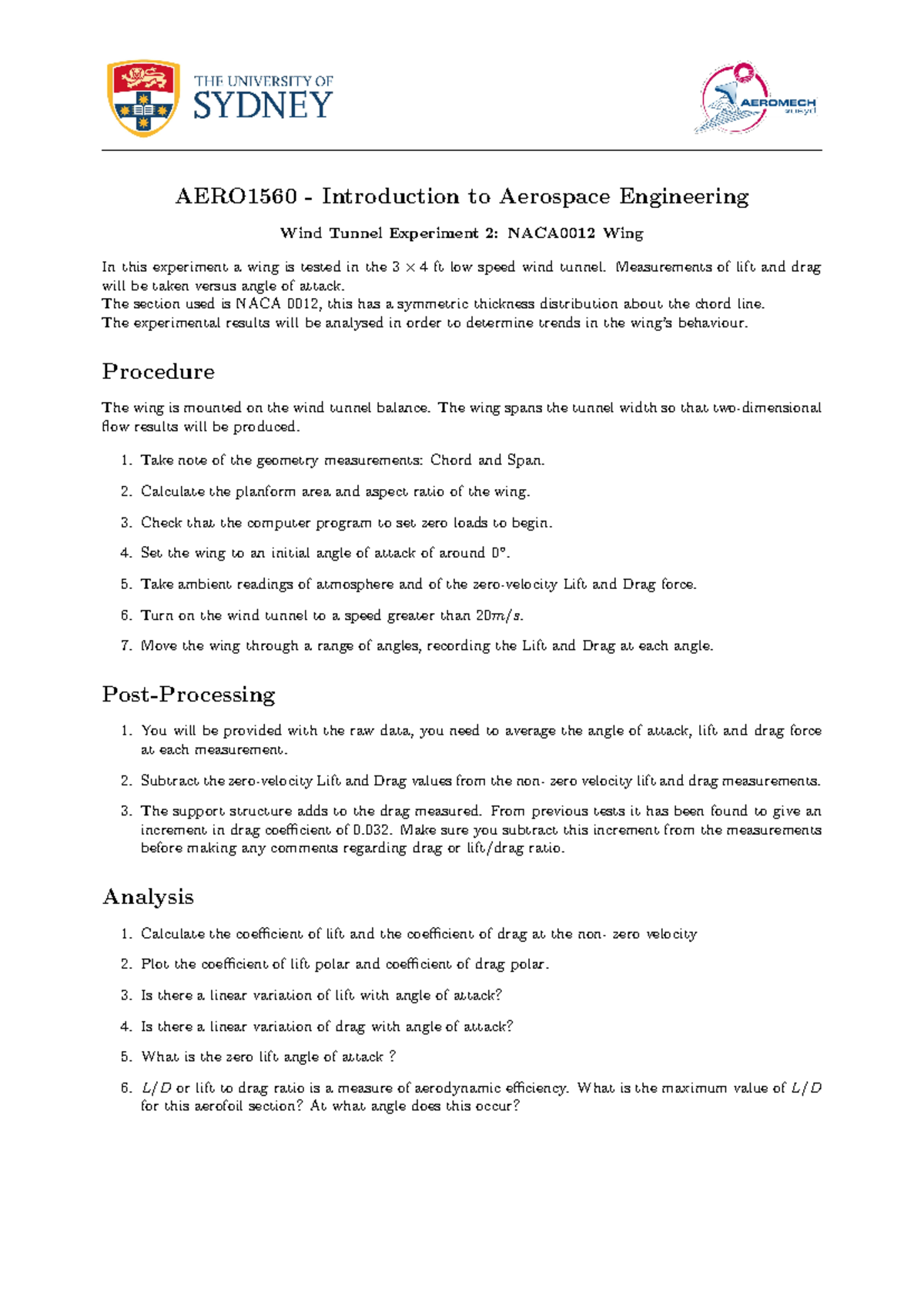 AERO1560 windtunnel lab2 - AERO1560 - Introduction to Aerospace ...