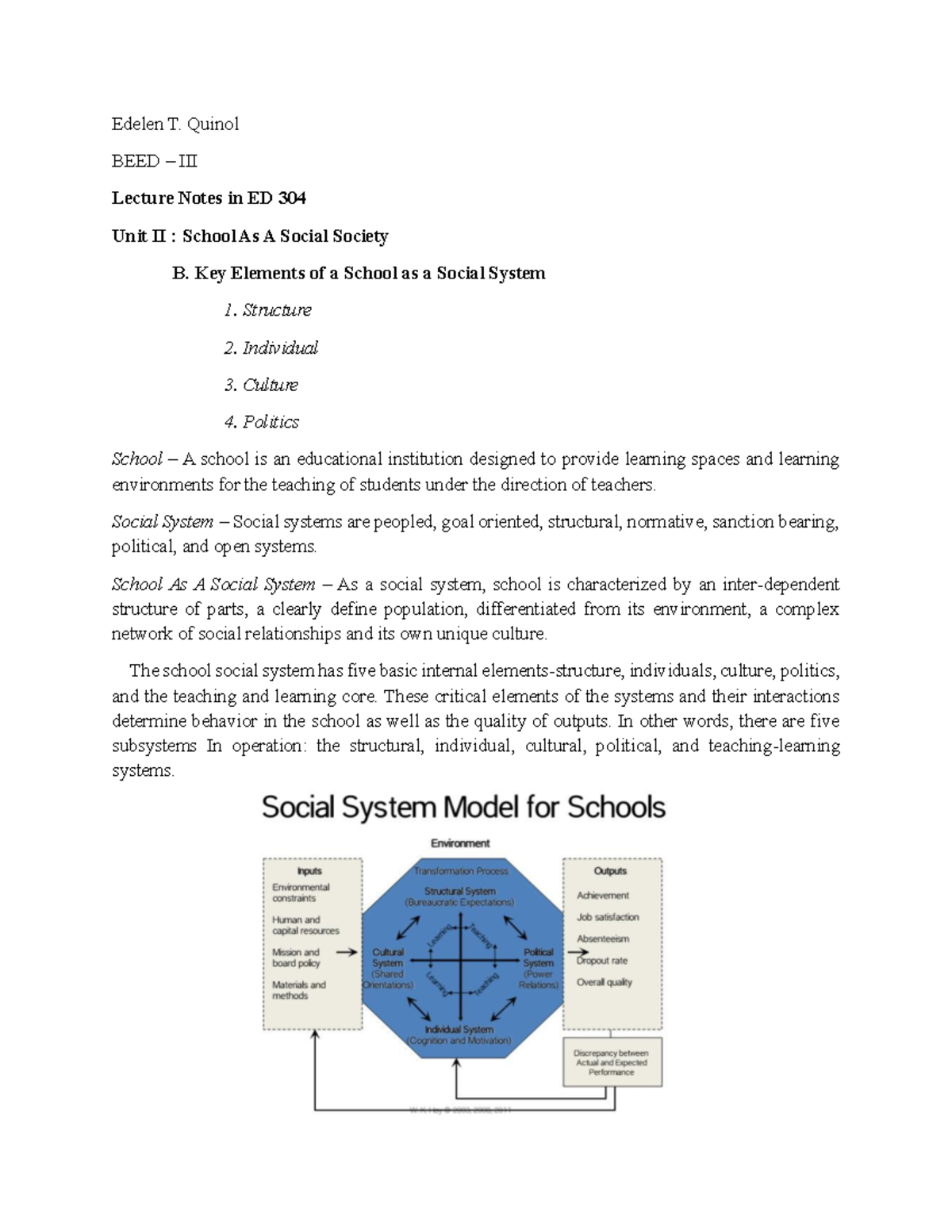 Unit 2 LN Key Elements Of A School As A Social System - Edelen T ...