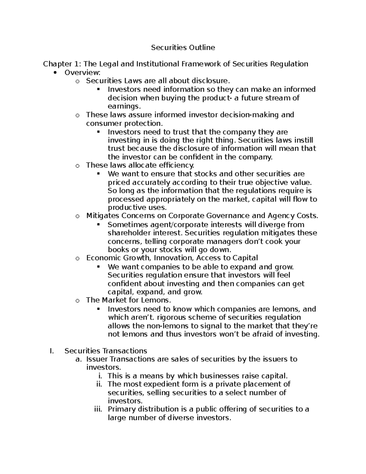 S1 - Outline - Securities Outline Chapter 1: The Legal and ...