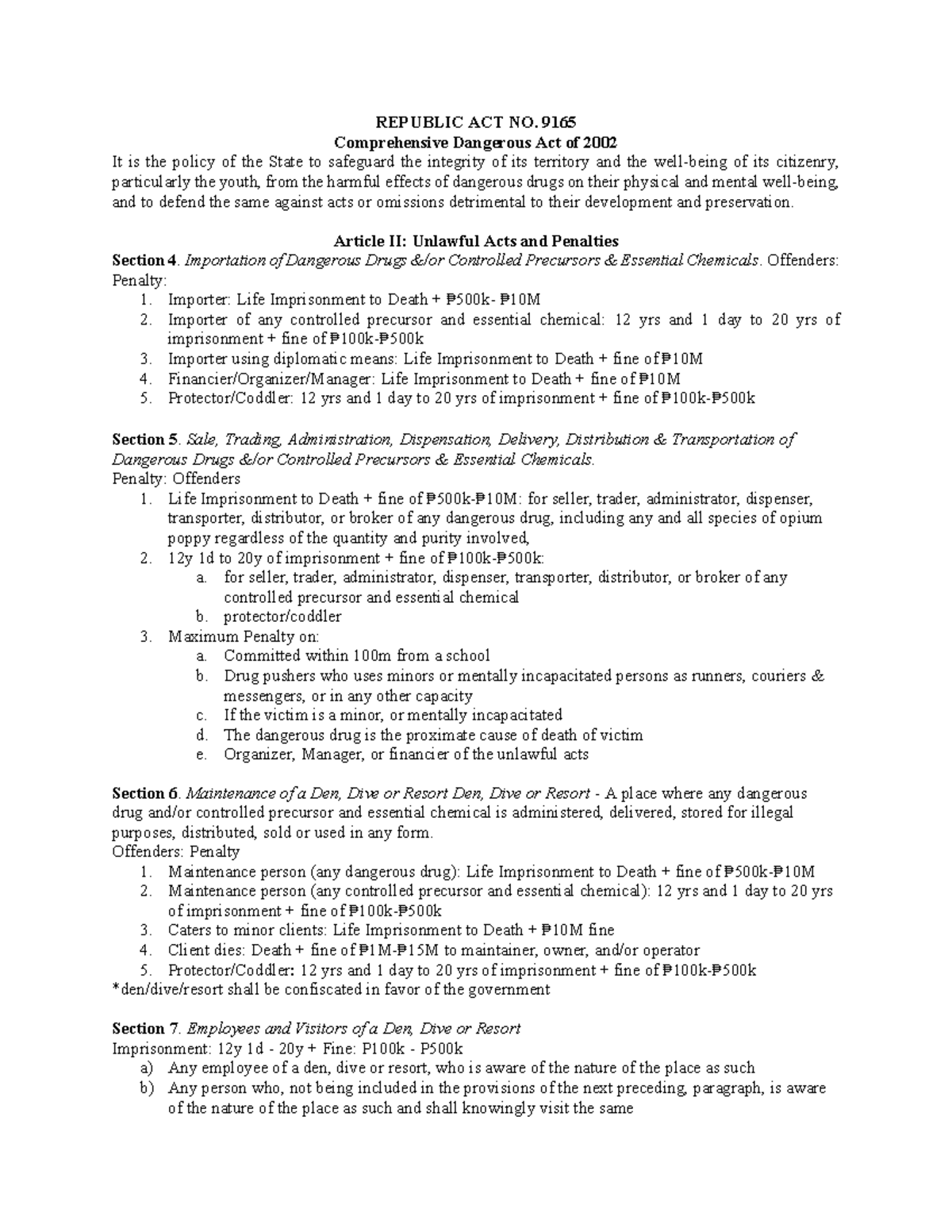 RA-9165 - Lecture notes - REPUBLIC ACT NO. 9165 Comprehensive Dangerous ...