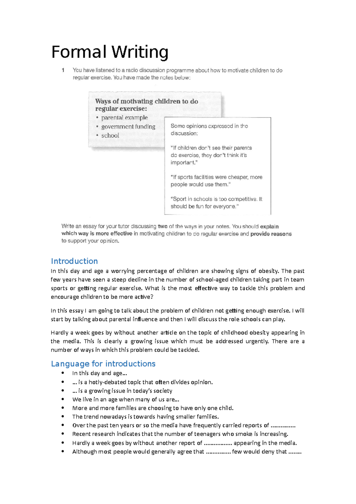 Formal writing handout 1 Formal Writing Introduction In This Day And