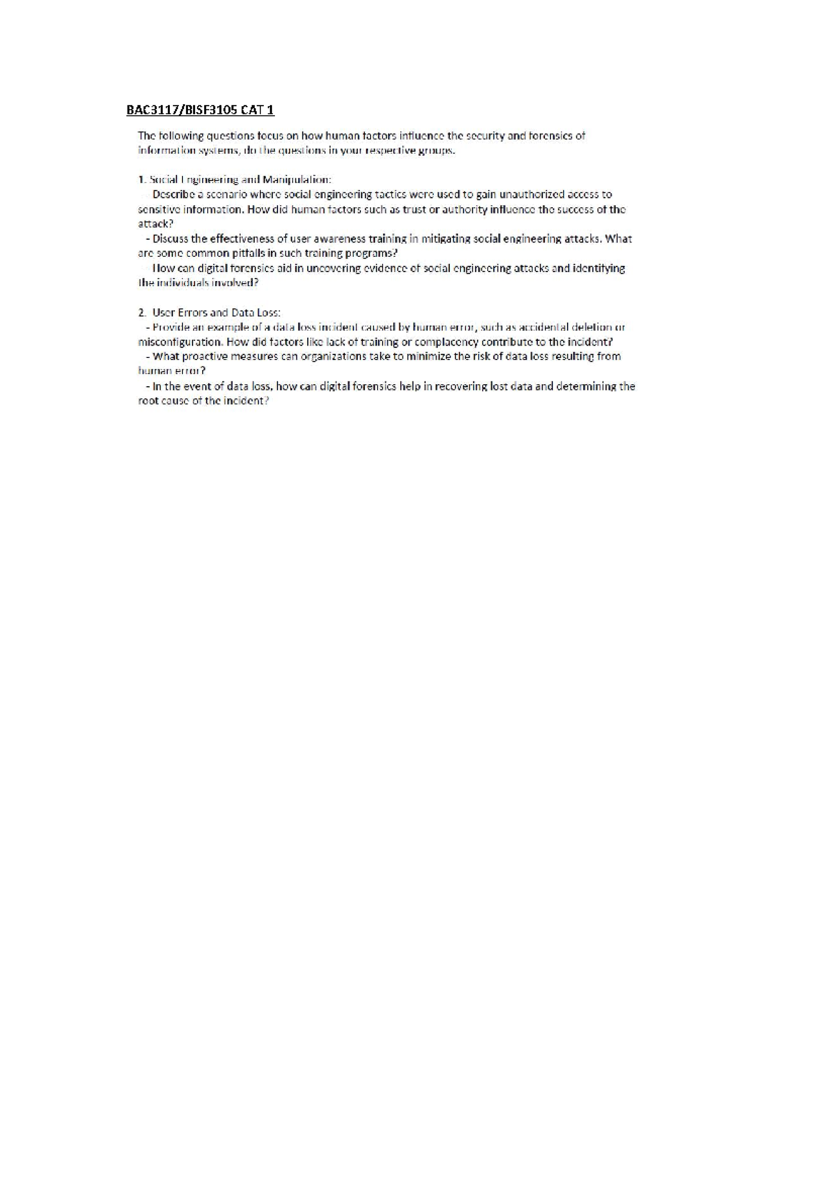 Human Aspects CAT 1 - REVISION MATERIAL - CAT 1 The following questions ...